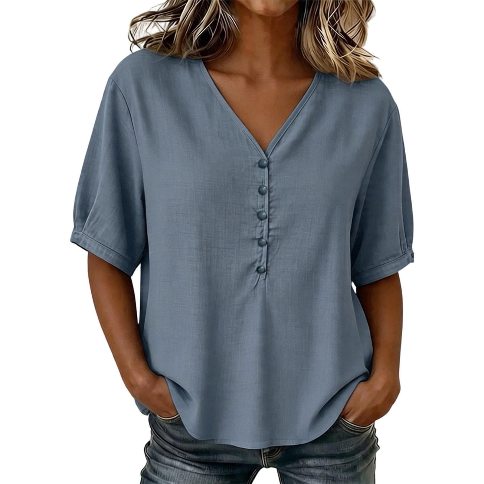 BCSIOAOI Tops for Women,Linen V-Neck Short Sleeve Half Button Loose Fit ...