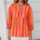 BCSIOAOI Tops for Women,V Neck Striped Print Half Button Lantern Sleeve ...