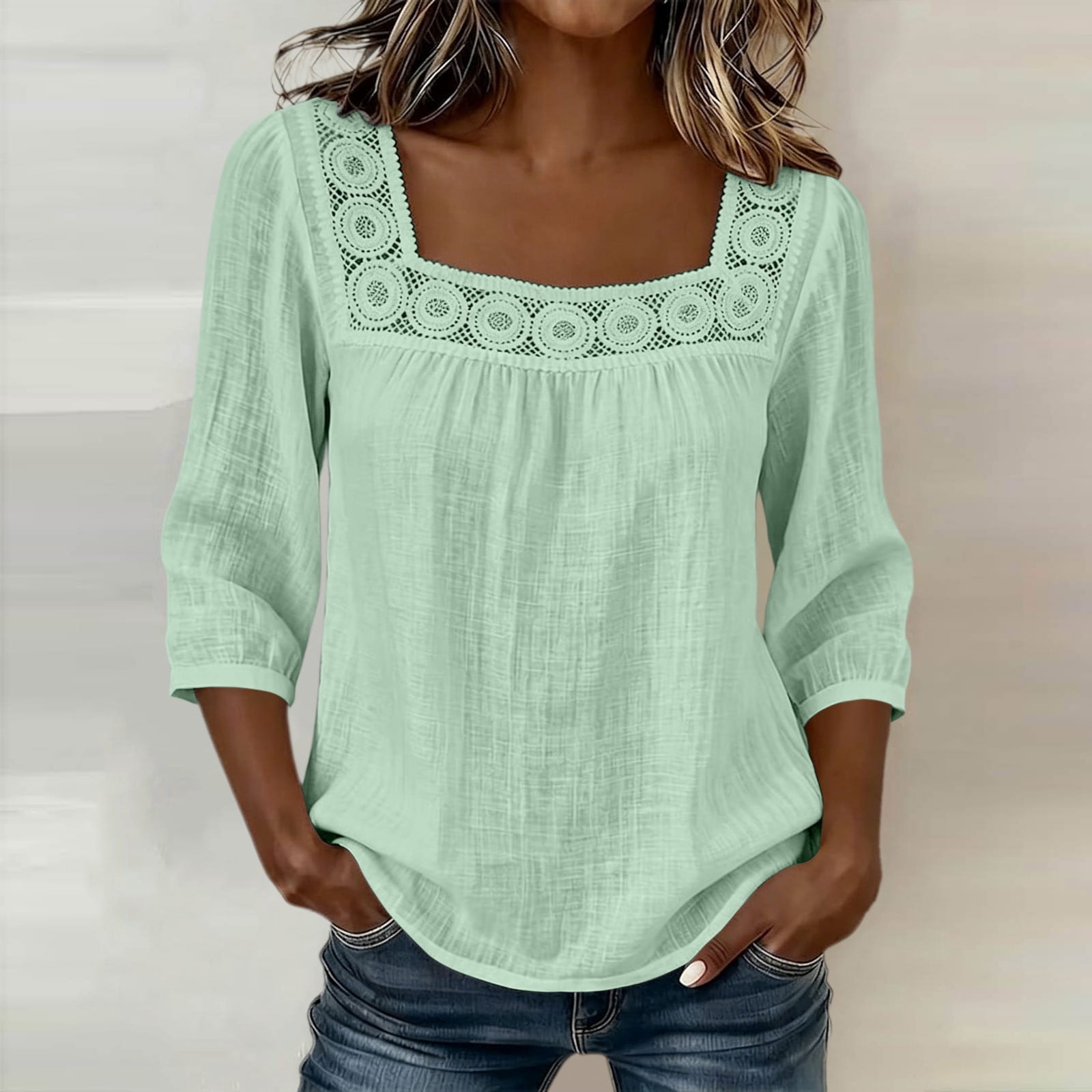 BCSIOAOI Women Tops,Square Neck Lace Trim Three Quarter Sleeve Pleated ...