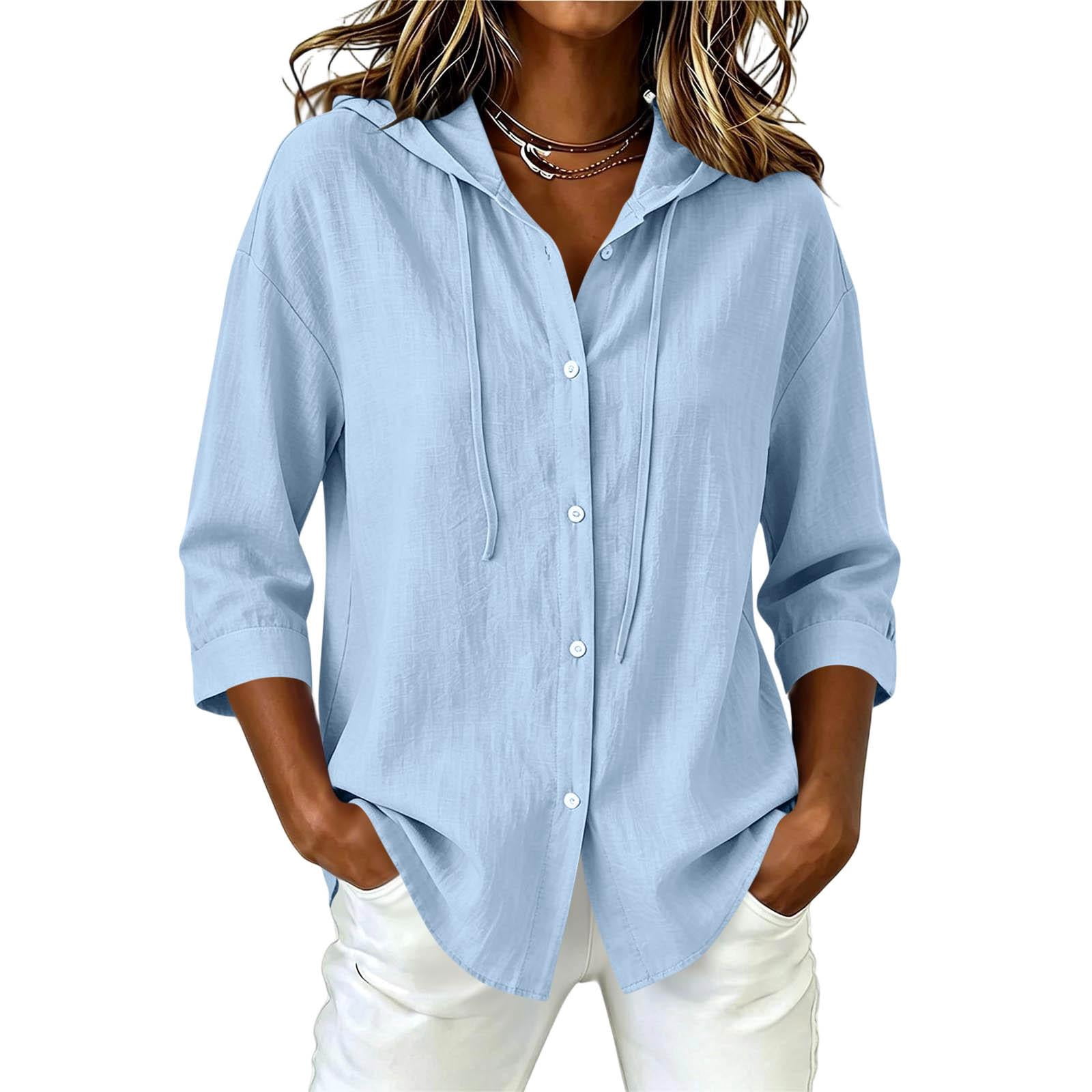BCSIOAOI Womens Blouses,Linen Three Quarter Sleeve Button Down Hooded ...