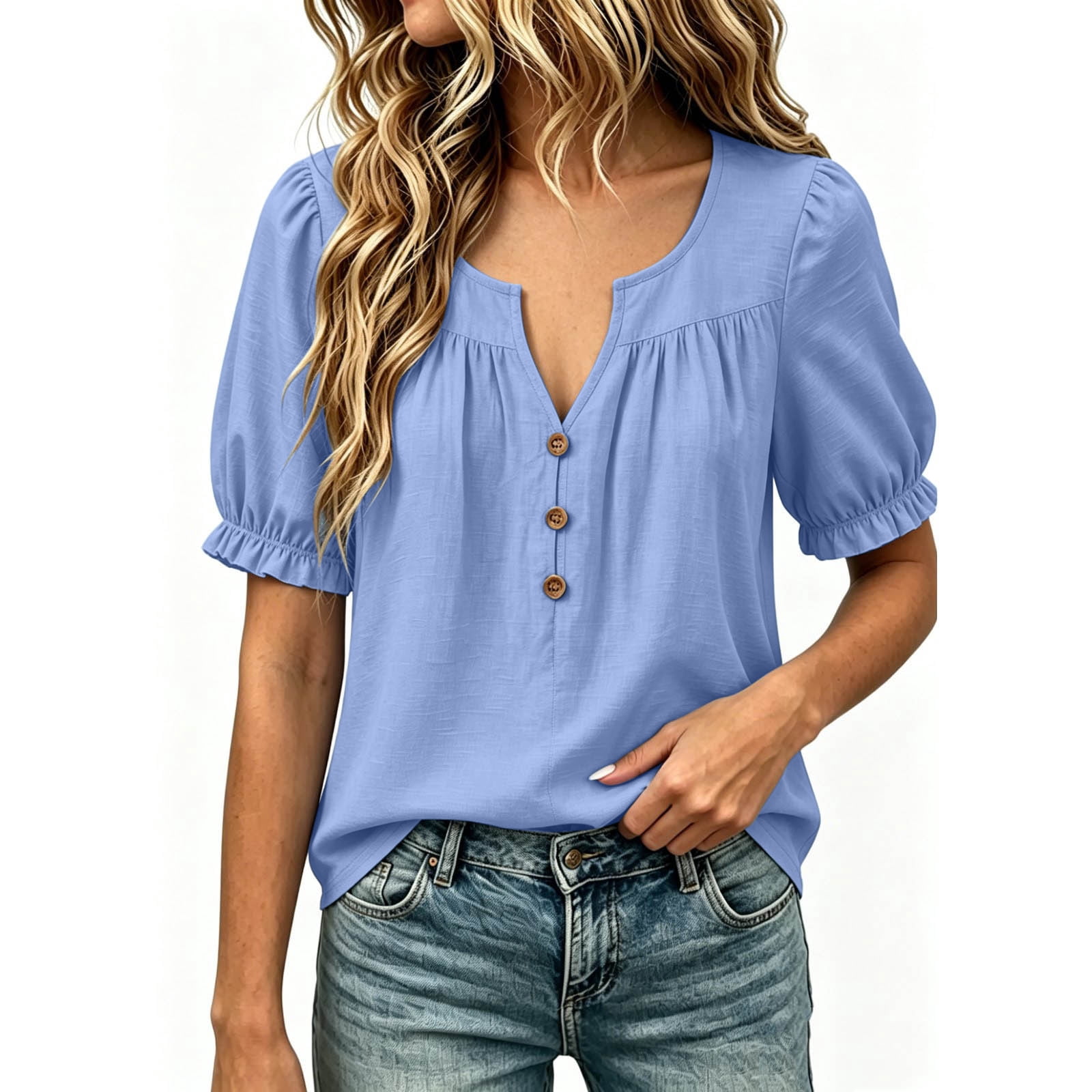 BCSIOAOI Womens Tops,Linen Henley Neck Short Puff Sleeve Half Button ...