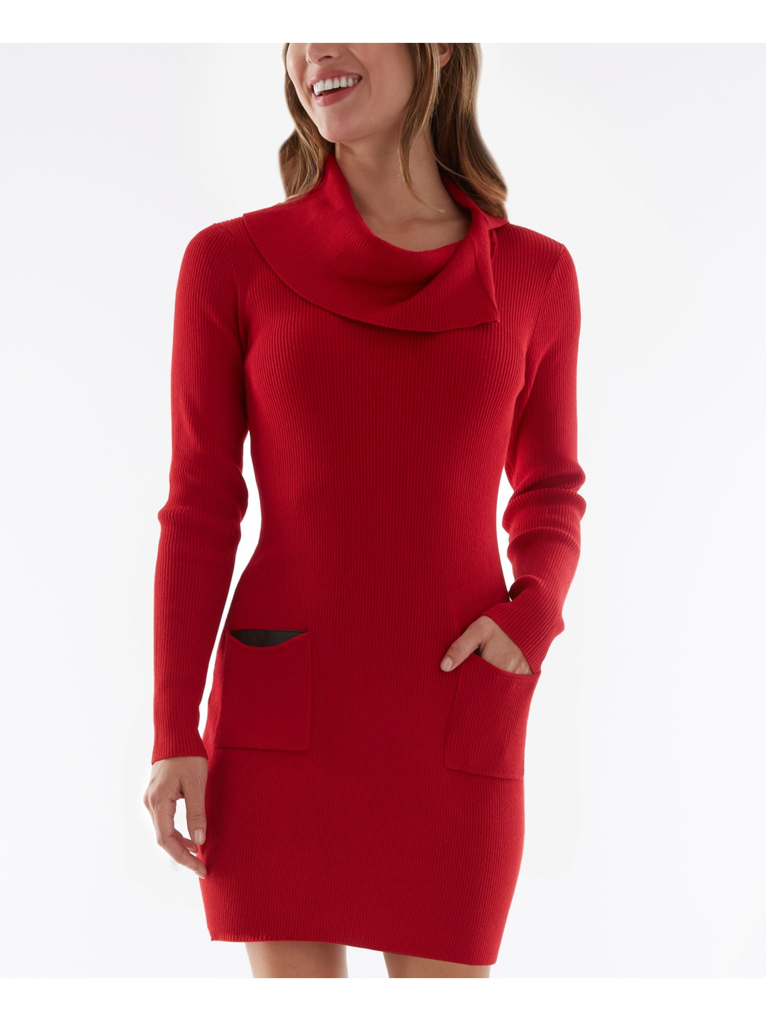 BCX Womens Red Ribbed Patch Pleather Pockets Long Sleeve Cowl Neck ...