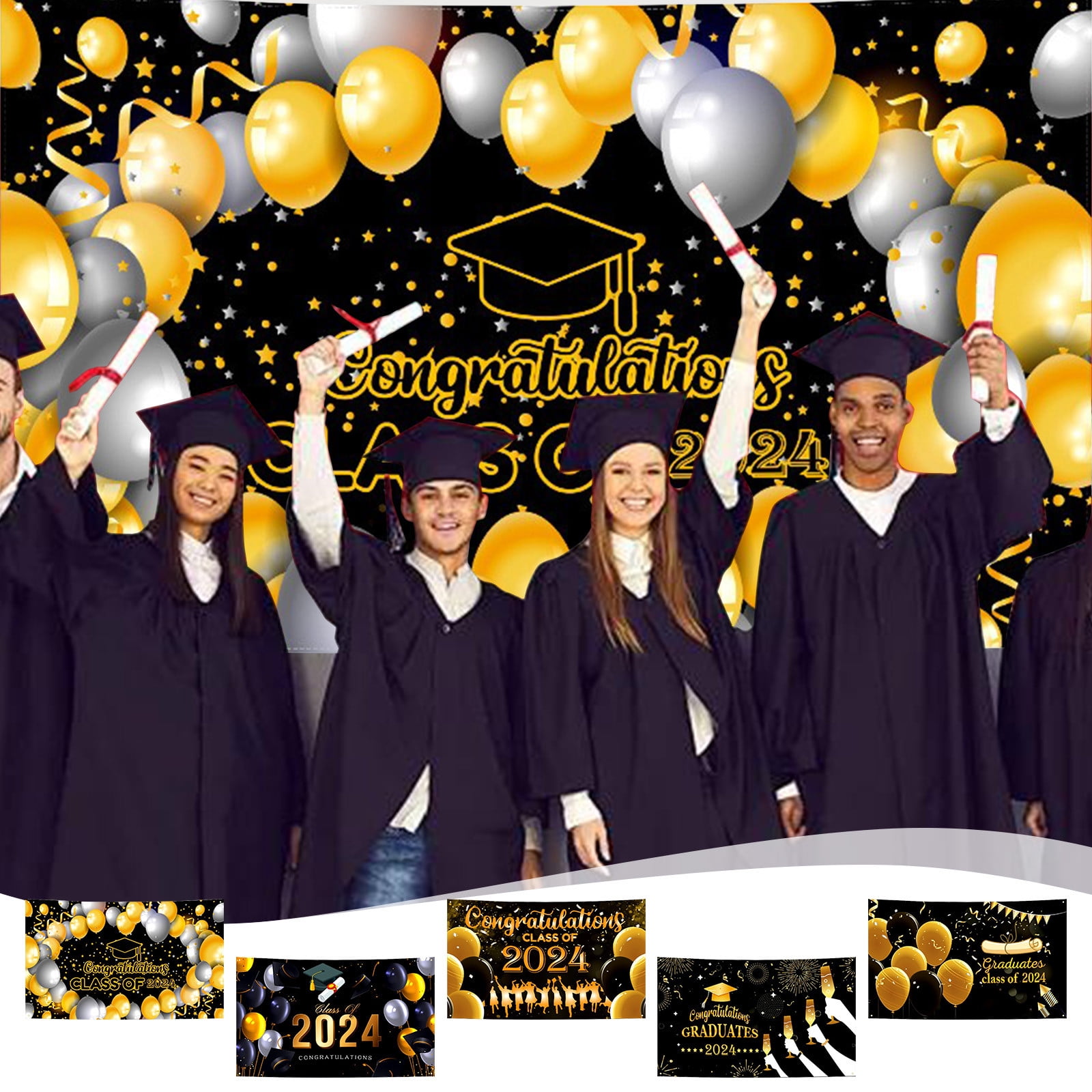 BCZHQQ 2024 Graduation Party Backdrop - 7x5FT Black & Gold Bachelor Cap ...