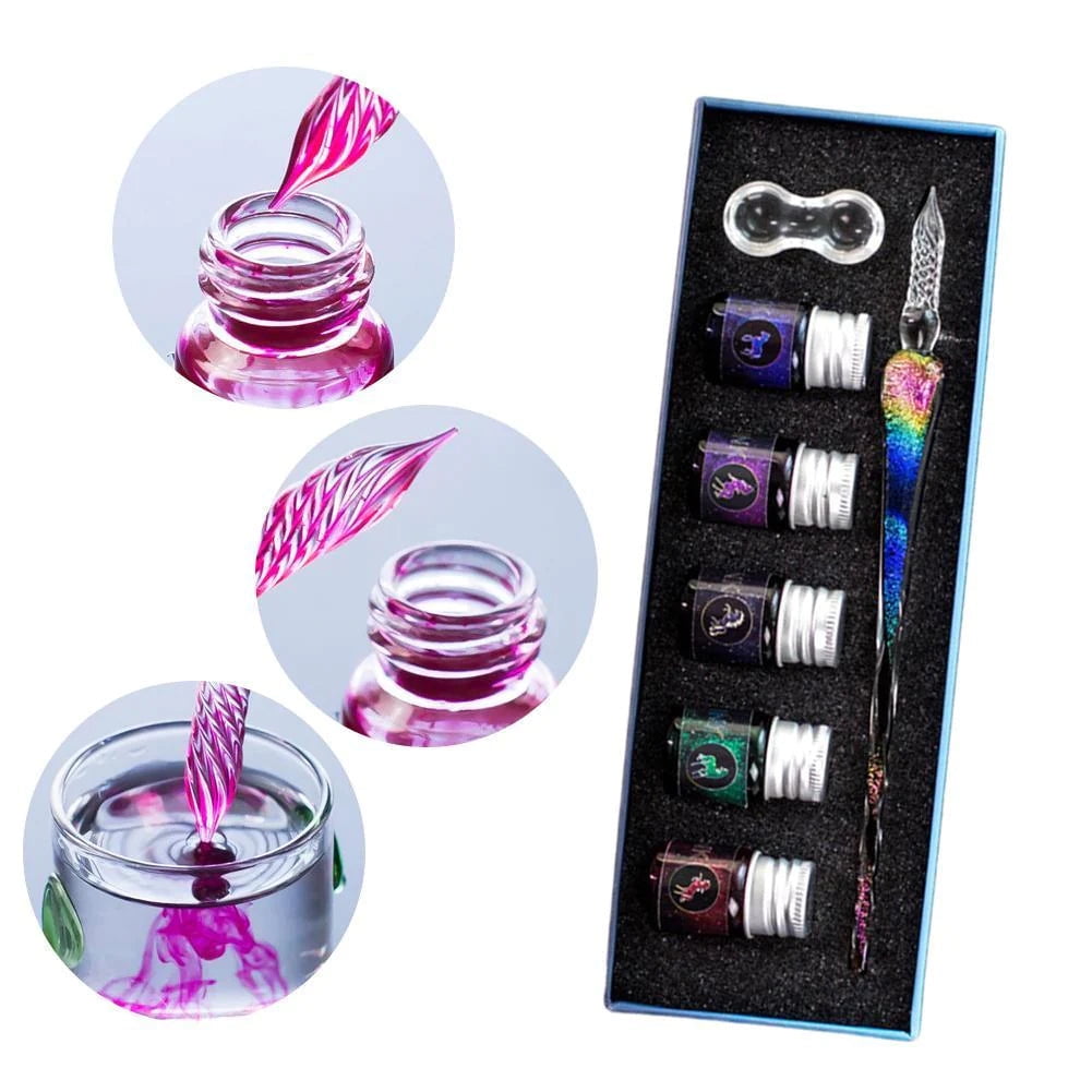 BCZHQQ Glass Dipped Pen Ink Set Handmade Crystal Calligraphy Pen with 5 ...