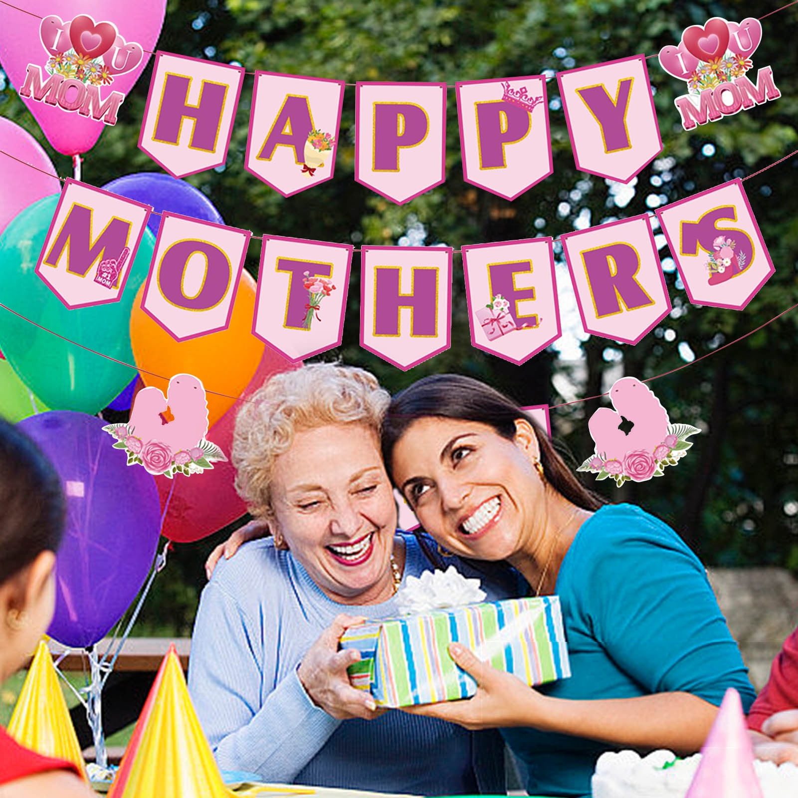 BCZHQQ Happy Mother's Day Banner Pink Rose Red Mothers Day Bunting ...