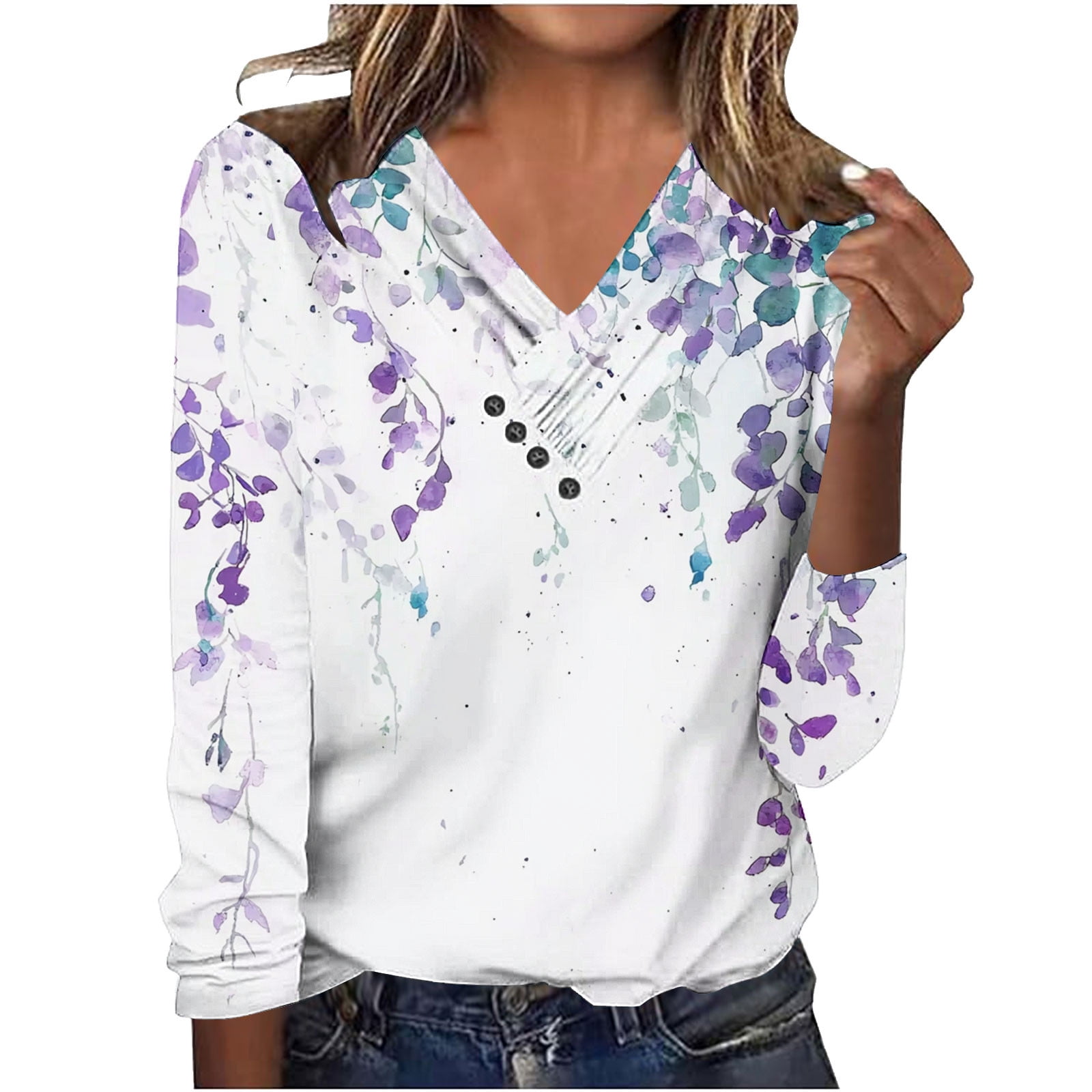 BDFZL Womens Tops Casual Long Sleeve Shirts Cross V Neck Floral Blouses ...
