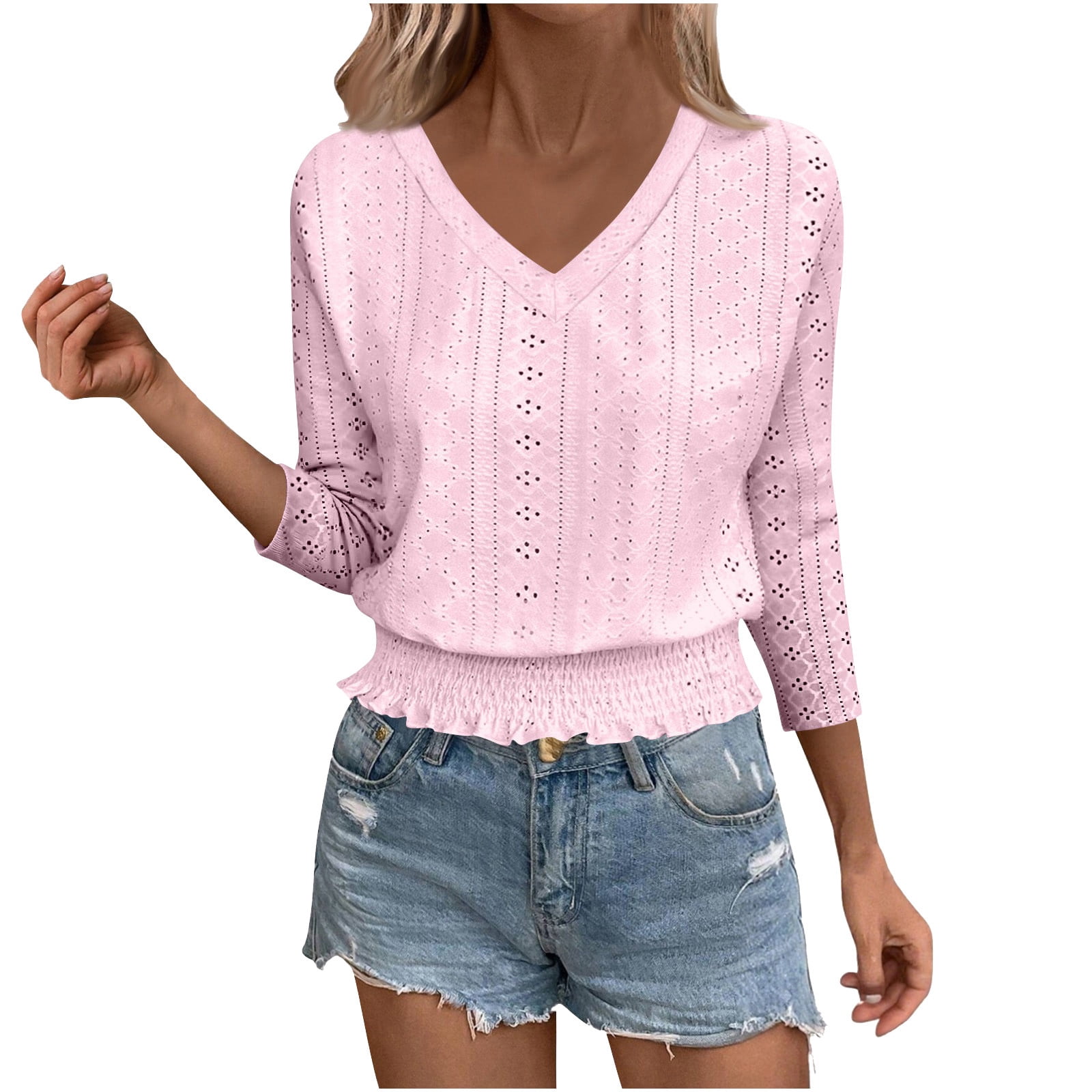 BDFZL Womens Tops V Neck Short Sleeve Eyelet Shirts Trends Smocked ...