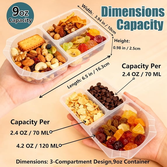 BDIUA-3 Compartment Snack Containers with Lids & 9oz Meal Prep ...