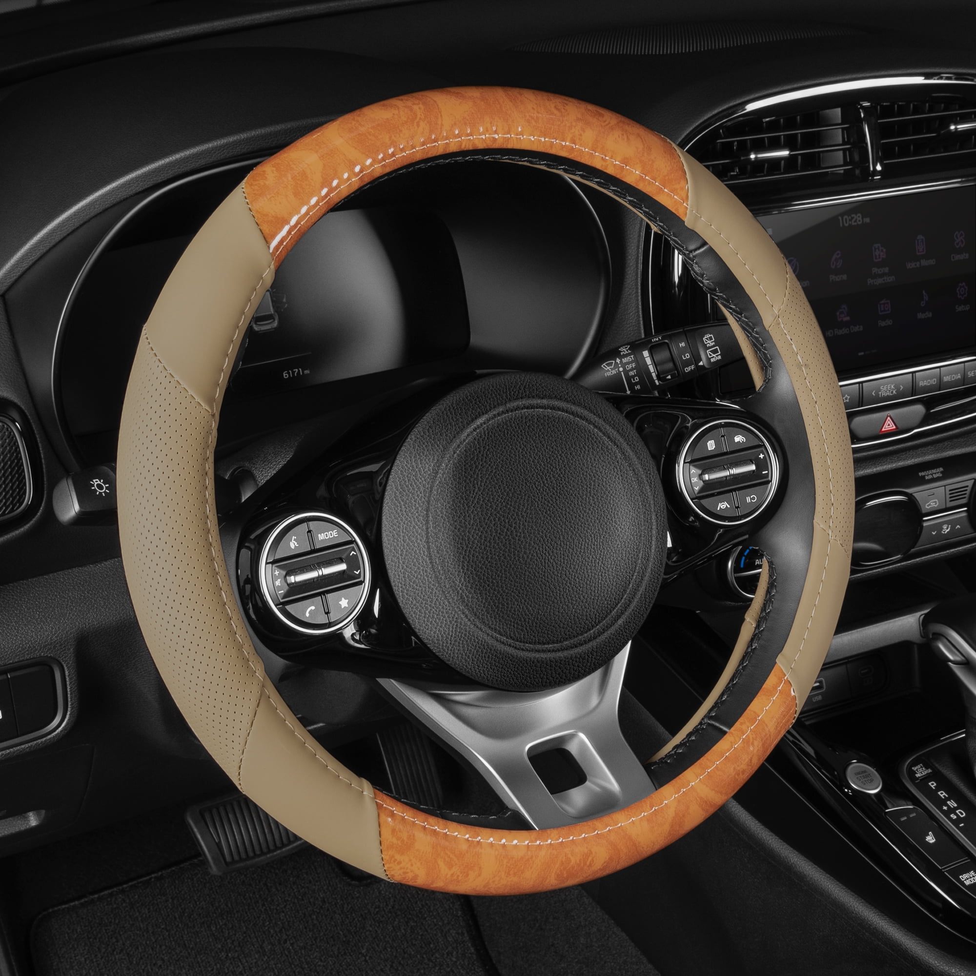 BDK BurlwoodLux Wood Grain and PU Leather Beige Steering Wheel Cover ...