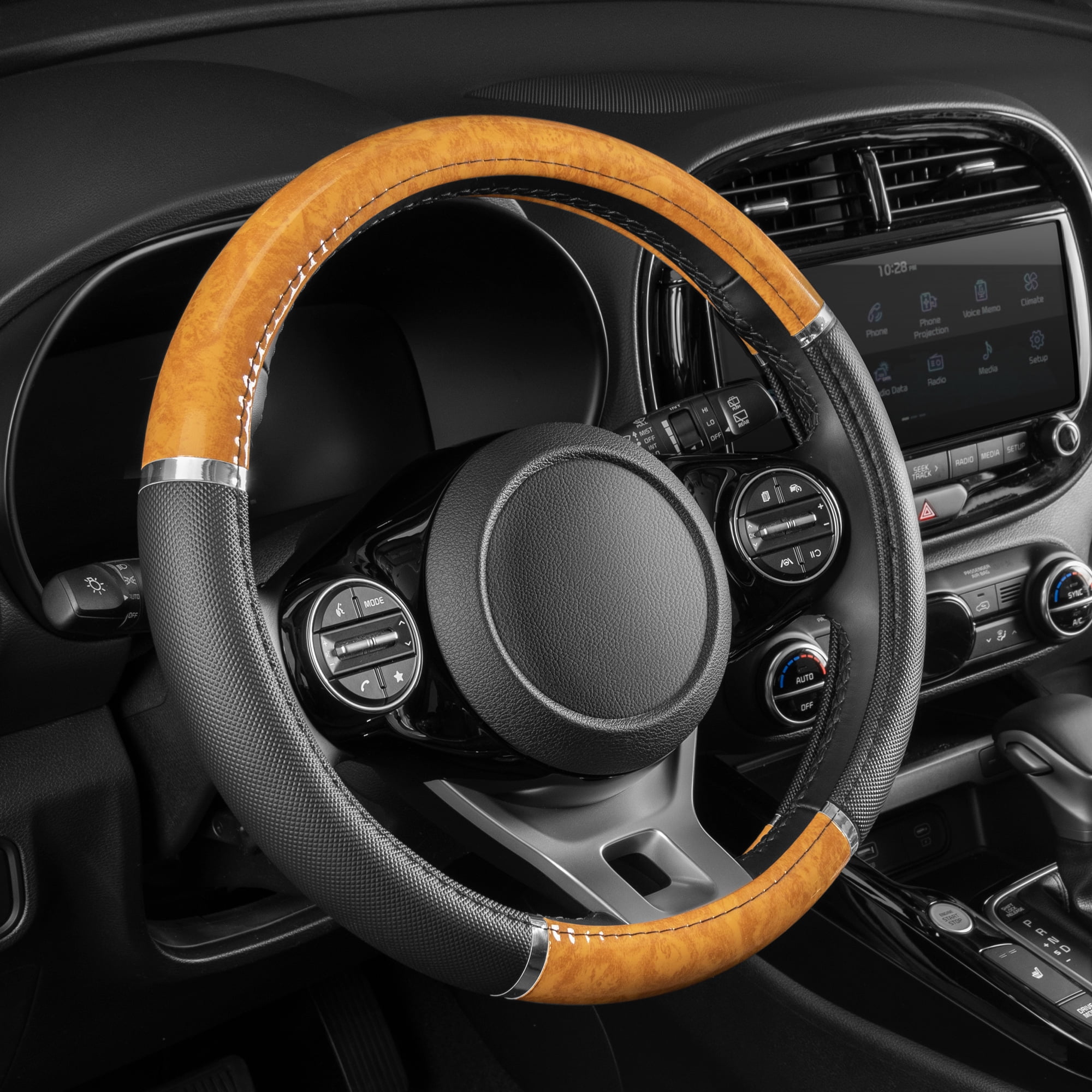 BDK Chrome Wood Grain Black & Beige Steering Wheel Cover for Cars ...