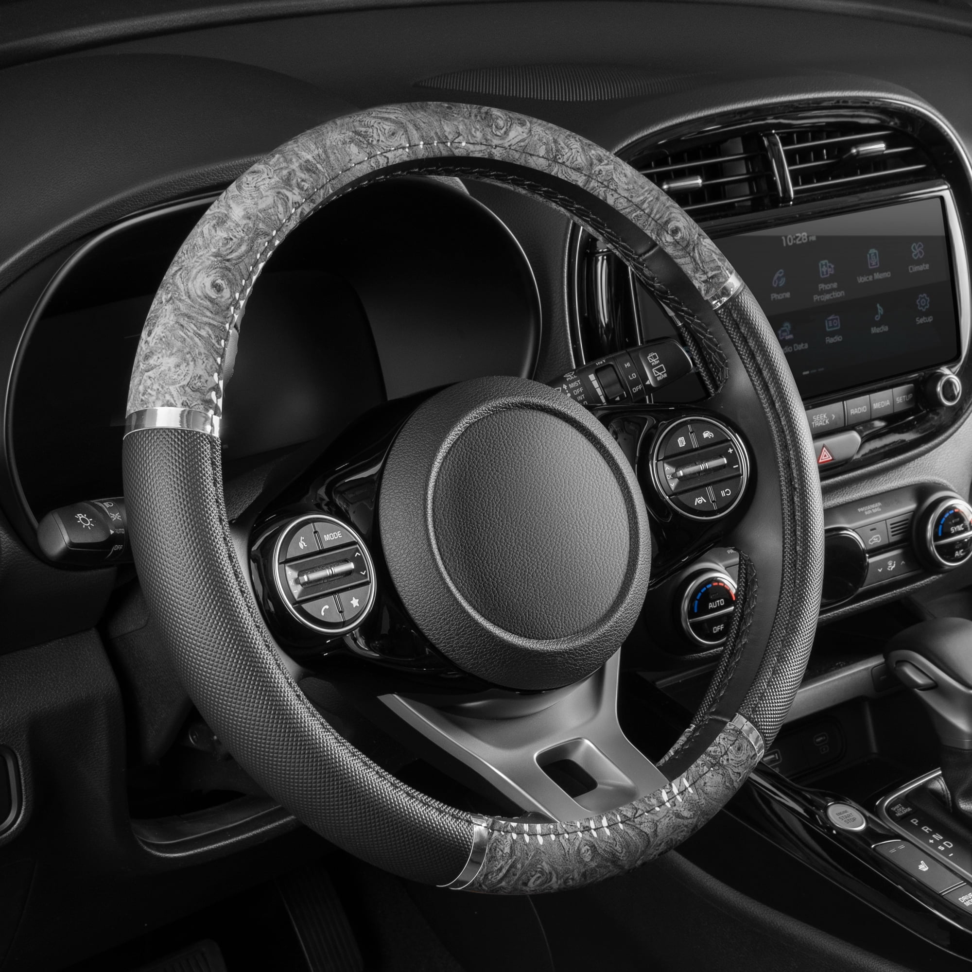 BDK Chrome Wood Grain Black & Gray Steering Wheel Cover for Cars ...