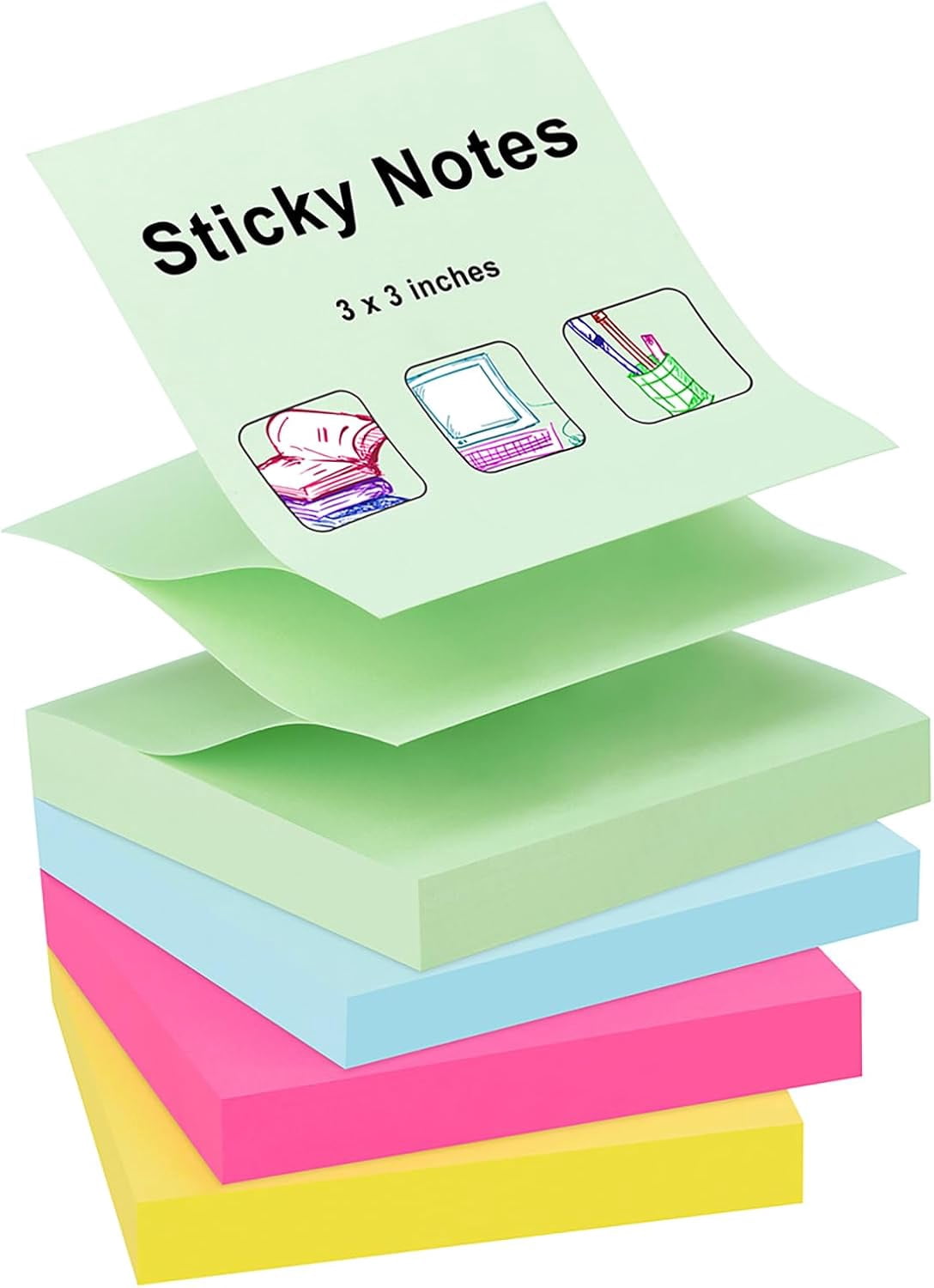 BDKWID-400 Sheets Pop-up Sticky Notes, 3 x 3 Inches, 4 Pads Assorted ...