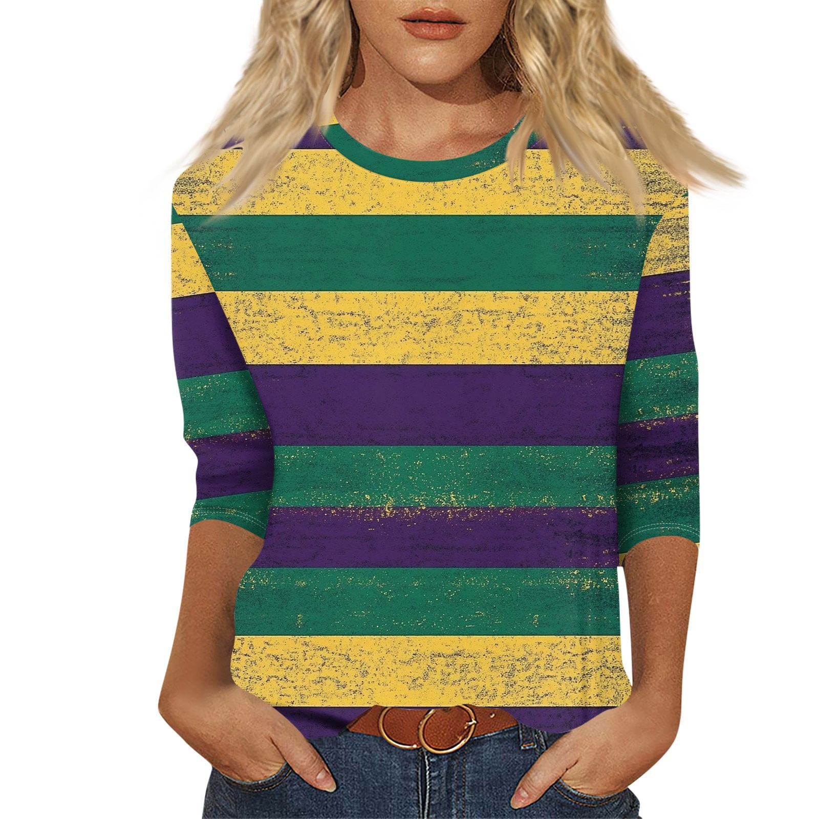 BDPORKAS 3/4 Sleeve Tops for Women Mardi Gras Shirts Dressy Casual T-Shirt Crewneck Fancy Tees ...