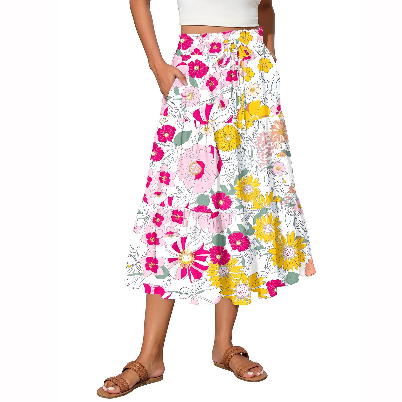 BDPORKAS Boho Midi Skirt for Women Flared Cute Polka Dot Pleated Tiered ...