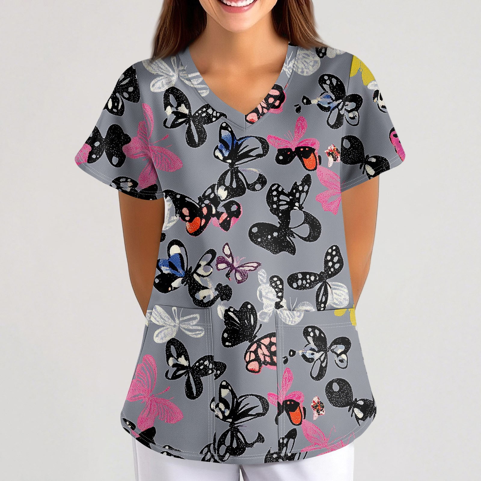 BDPORKAS Butterfly Scrubs for Women Stretchy Nurse Scrub Top V-Neck ...