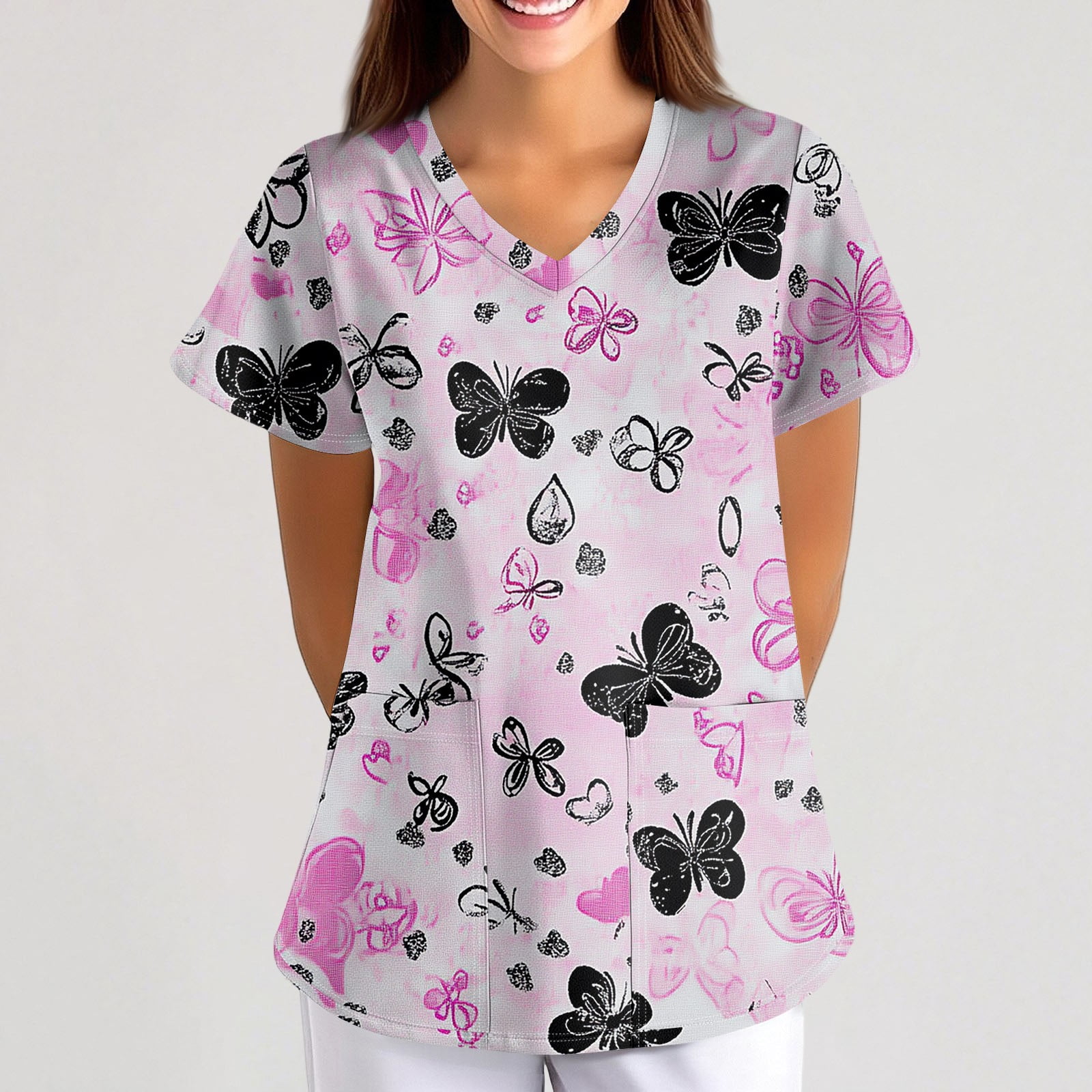 BDPORKAS Butterfly Scrubs for Women Stretchy Nurse Scrub Top V-Neck ...