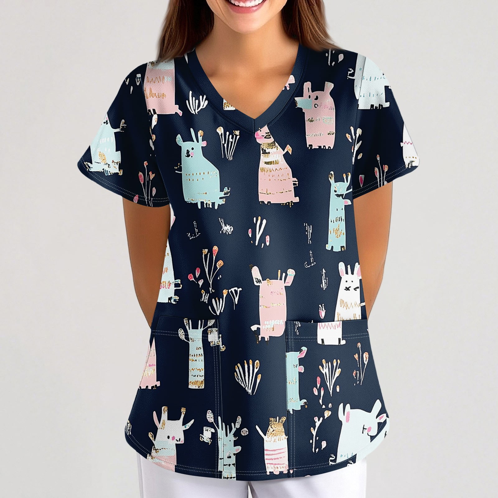 BDPORKAS Butterfly Scrubs for Women Stretchy Nurse Scrub Top V-Neck ...