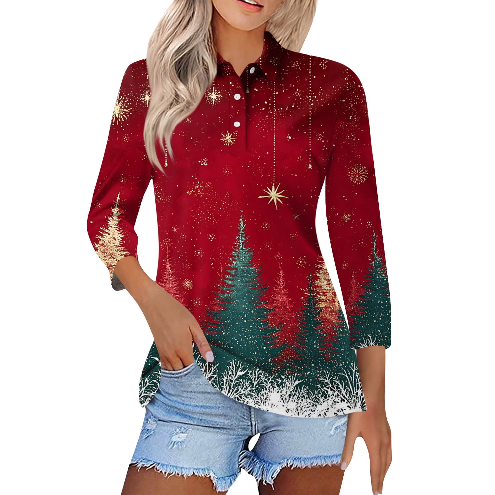 BDPORKAS Christmas Polo Shirts for Women 3-Button Collared 3/4 Sleeve ...