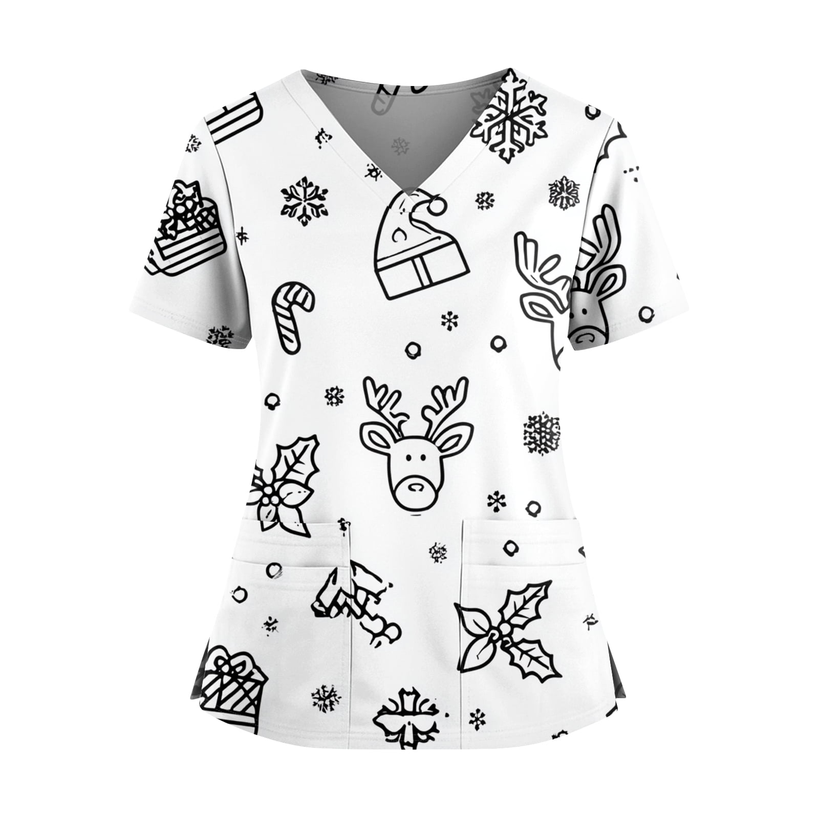 BDPORKAS Christmas Scrub Tops for Women with Pockets Cute Santa Print V ...
