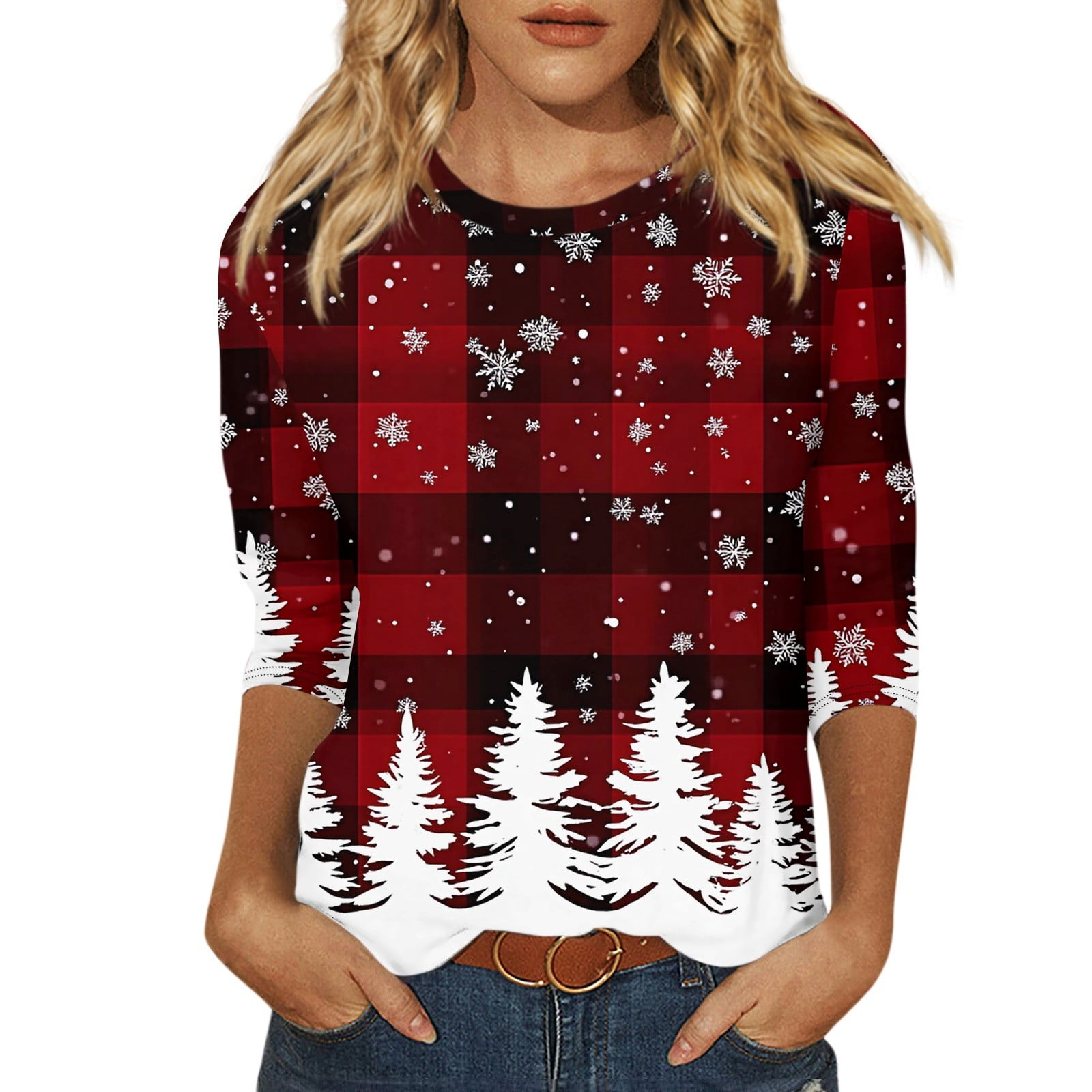 BDPORKAS Christmas Shirts for Women 3/4 Sleeve Christmas Women's Cute ...