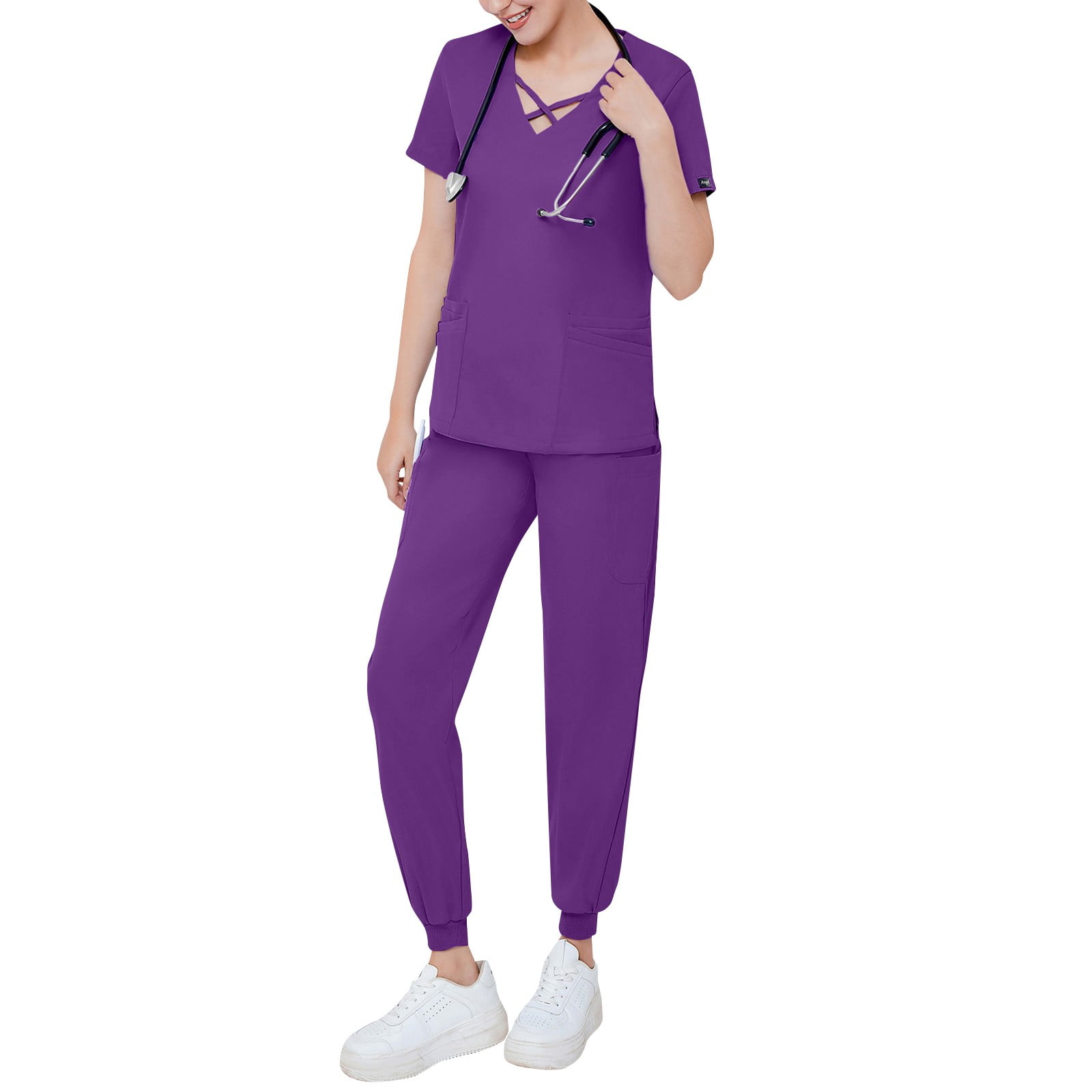 BDPORKAS Comfortable Scrub Sets for Women Criss Cross Neck Stretch ...