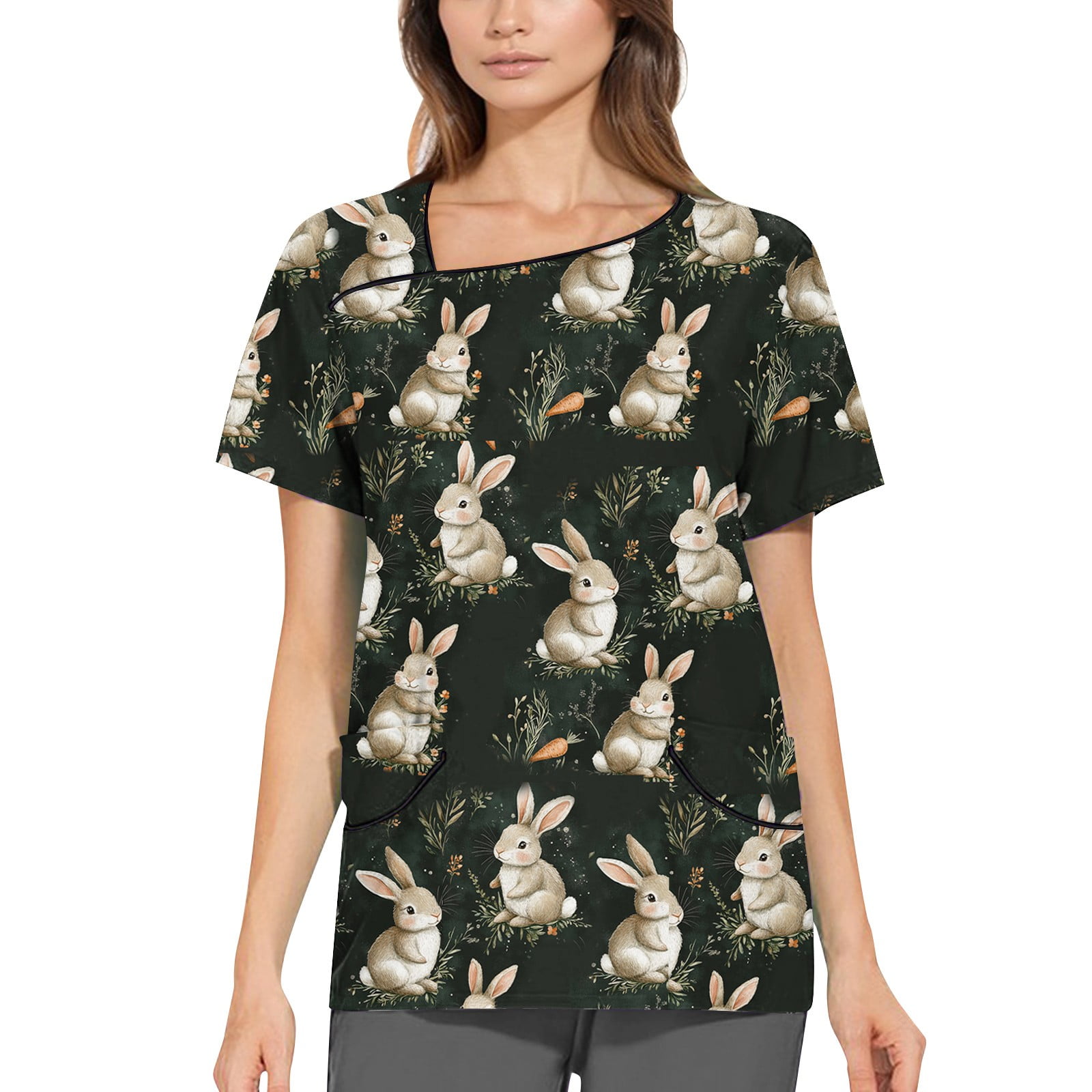 BDPORKAS Easter Scrub Tops Women Short Sleeve V Neck Nurse Working ...