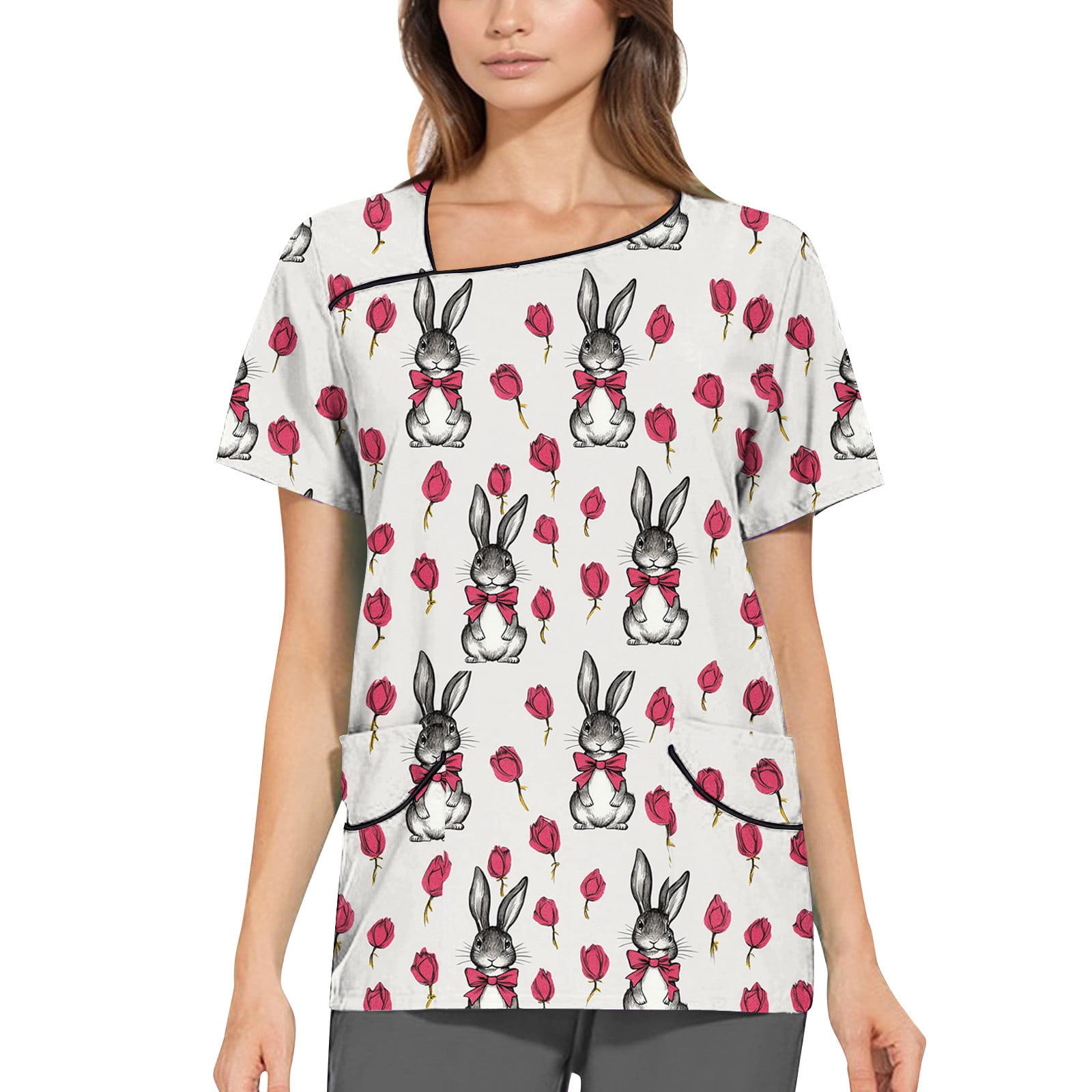 BDPORKAS Easter Scrub Tops Women Short Sleeve V Neck Nurse Working ...