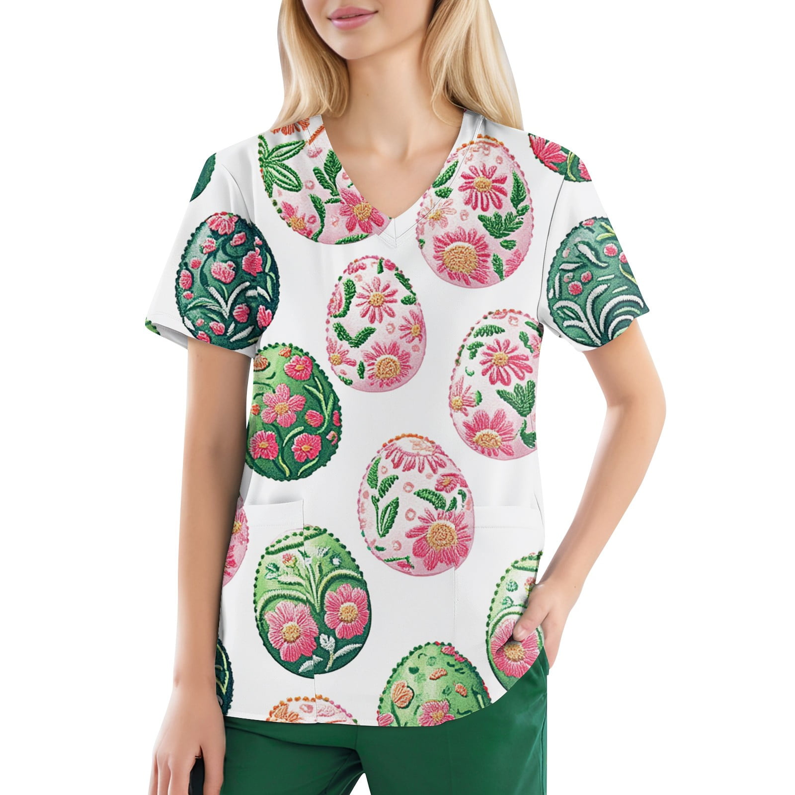 Bdporkas Easter Scrub Tops Women Stretchy V Neck Scrubs Top Breathable