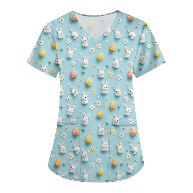 BDPORKAS Easter Scrub Tops Women Summer Short Sleeve Working Nurse ...