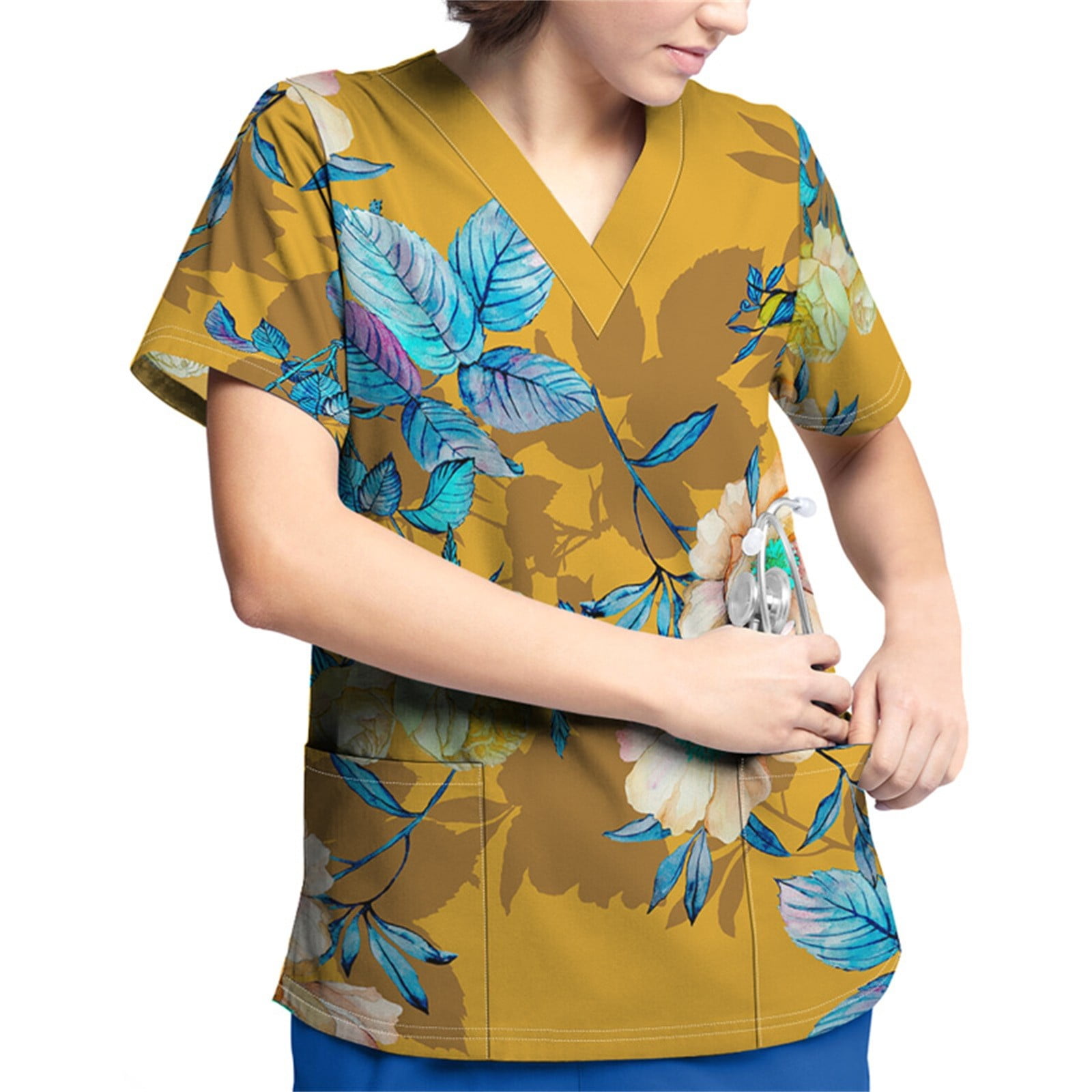 Bdporkas Floral Print Scrub Tops Women Summer Plus Size V Neck Workwear Working Uniform Blouse