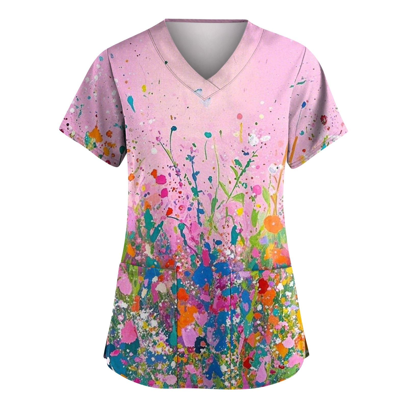 BDPORKAS Floral Scrubs for Women Stretchy Nurse Scrub Top V-Neck Casual ...