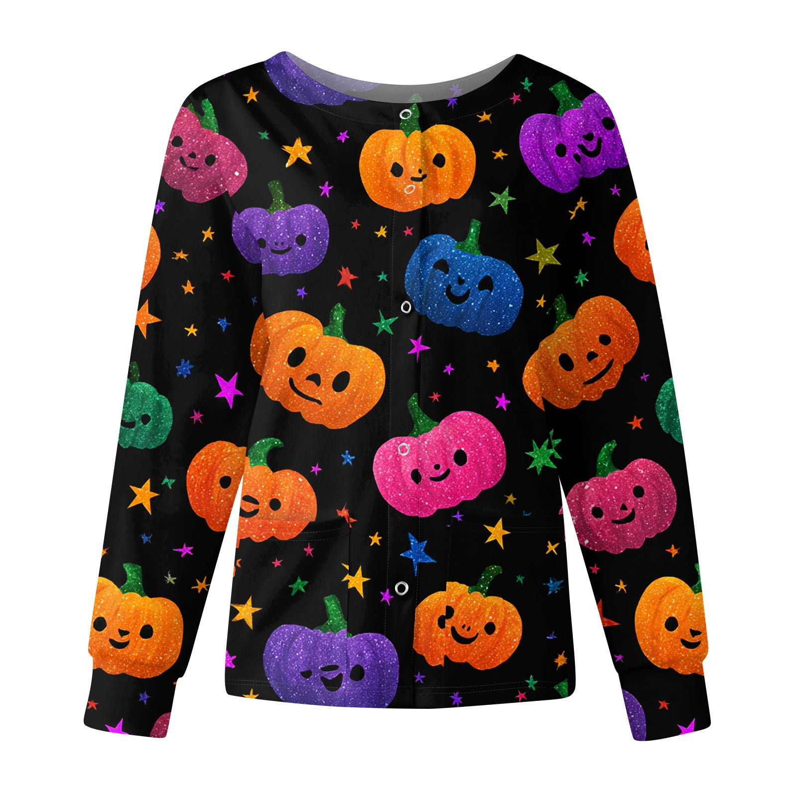 BDPORKAS Halloween Women Scrub Jacket Snap Front Pumpkin Bats Print ...