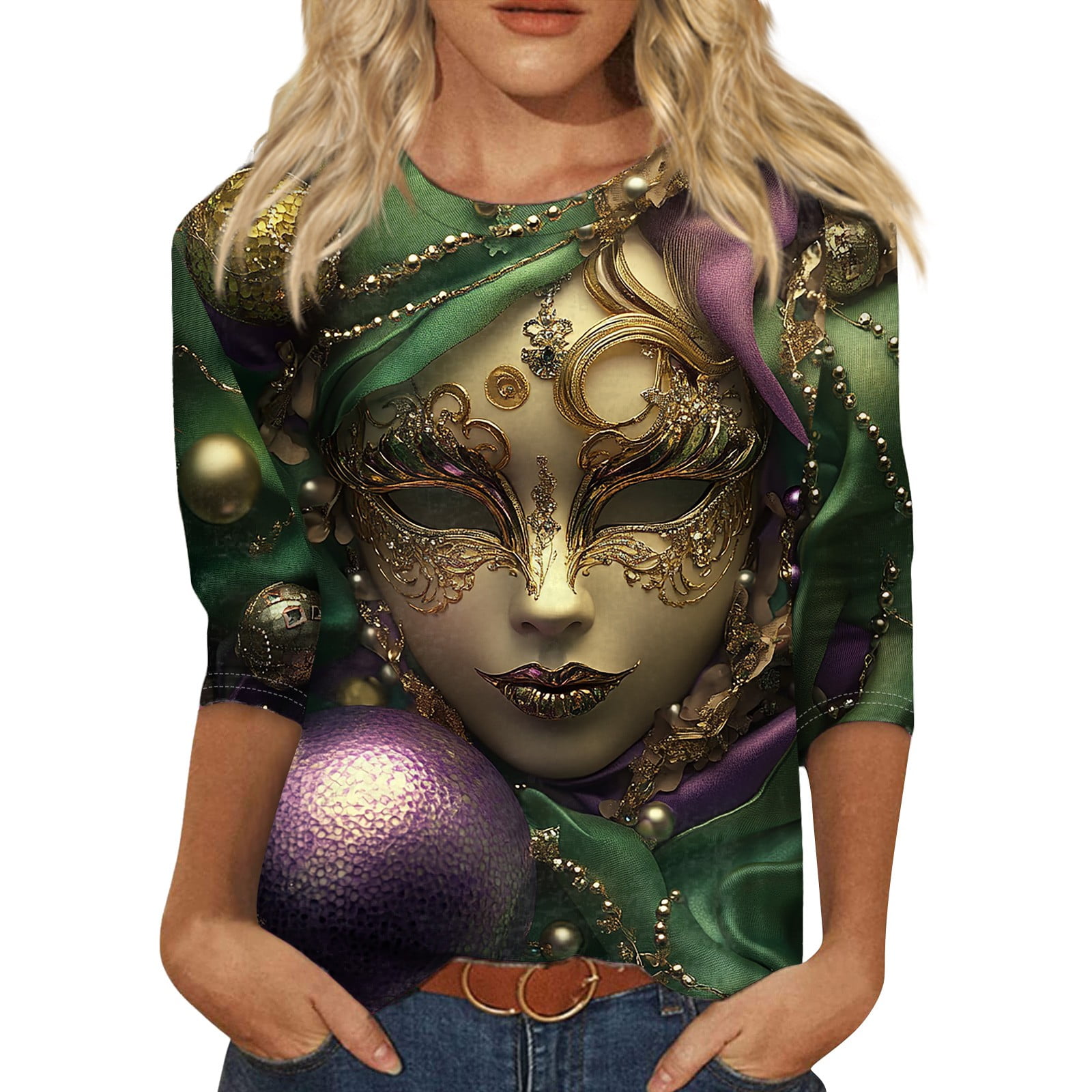 BDPORKAS Mardi Gras Outfit for Women Dressy 3/4 Sleeve Mardi Gras Shirts Graphic Mask Printed ...