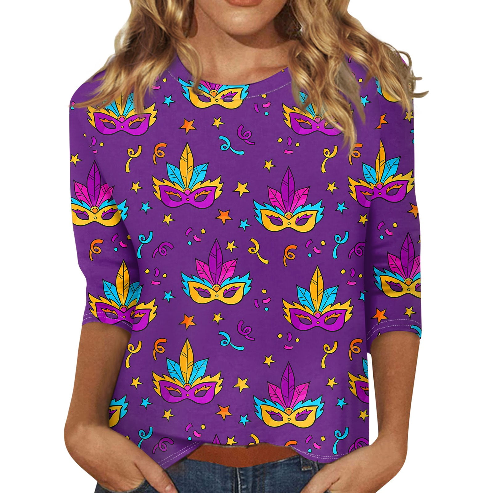 BDPORKAS Mardi Gras Shirts for Women 3/4 Length Sleeve Womens Tops 2025 ...
