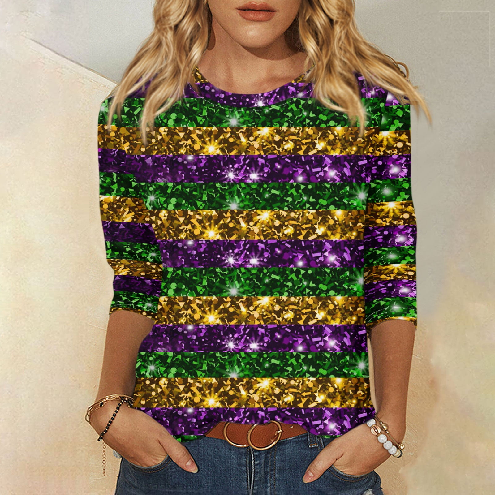 BDPORKAS Mardi Gras Shirts for Women 3/4 Length Sleeve Womens Tops ...