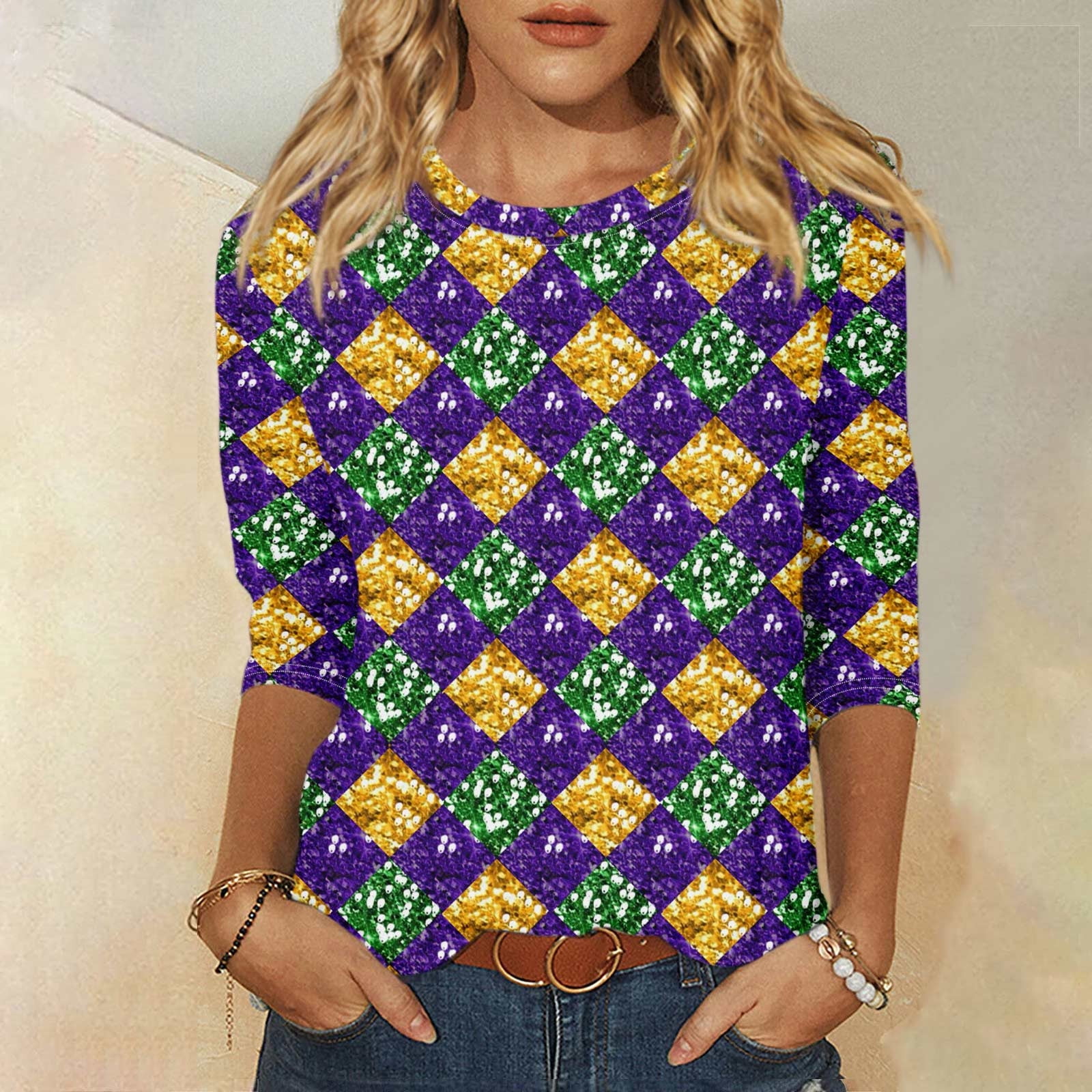 BDPORKAS Mardi Gras Shirts for Women 3/4 Length Sleeve Womens Tops ...