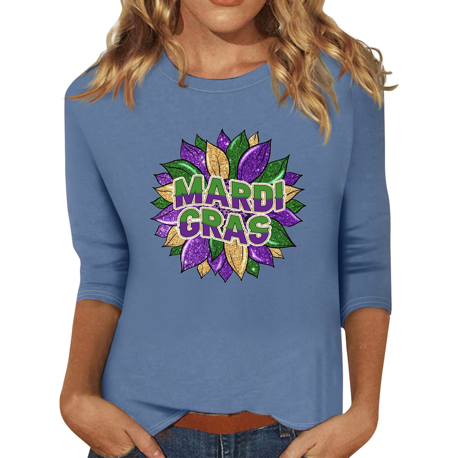 BDPORKAS Mardi Gras T Shirts for Women 2025 Trendy 3/4 Length Sleeve ...