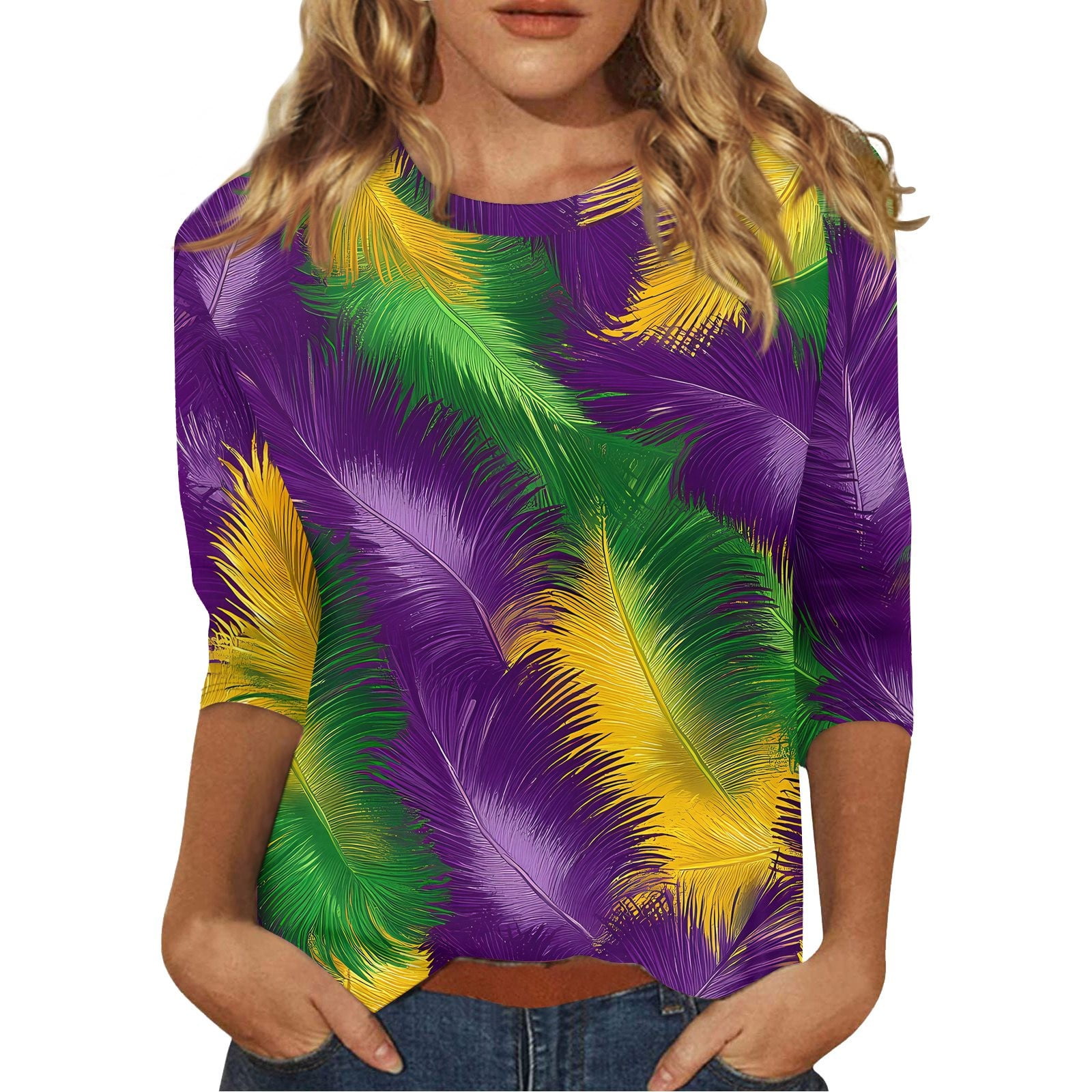 BDPORKAS Mardi Gras for Women Shirt 3/4 Sleeve Round Neck Carnival ...
