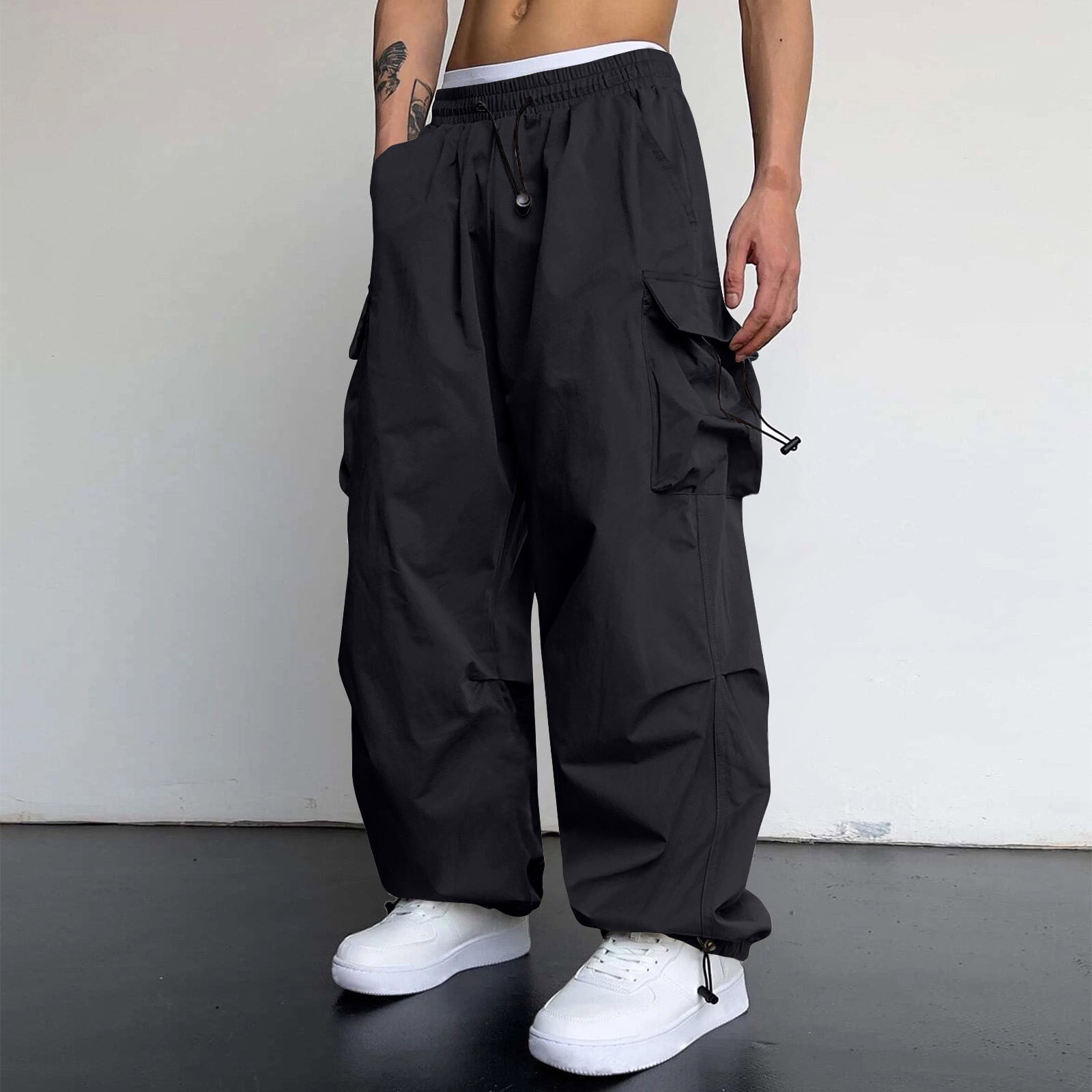 BDPORKAS Men's Baggy Cargo Pants Casual Parachute Cargo Pants Loose Fit Hip Hop Harem Pants ...