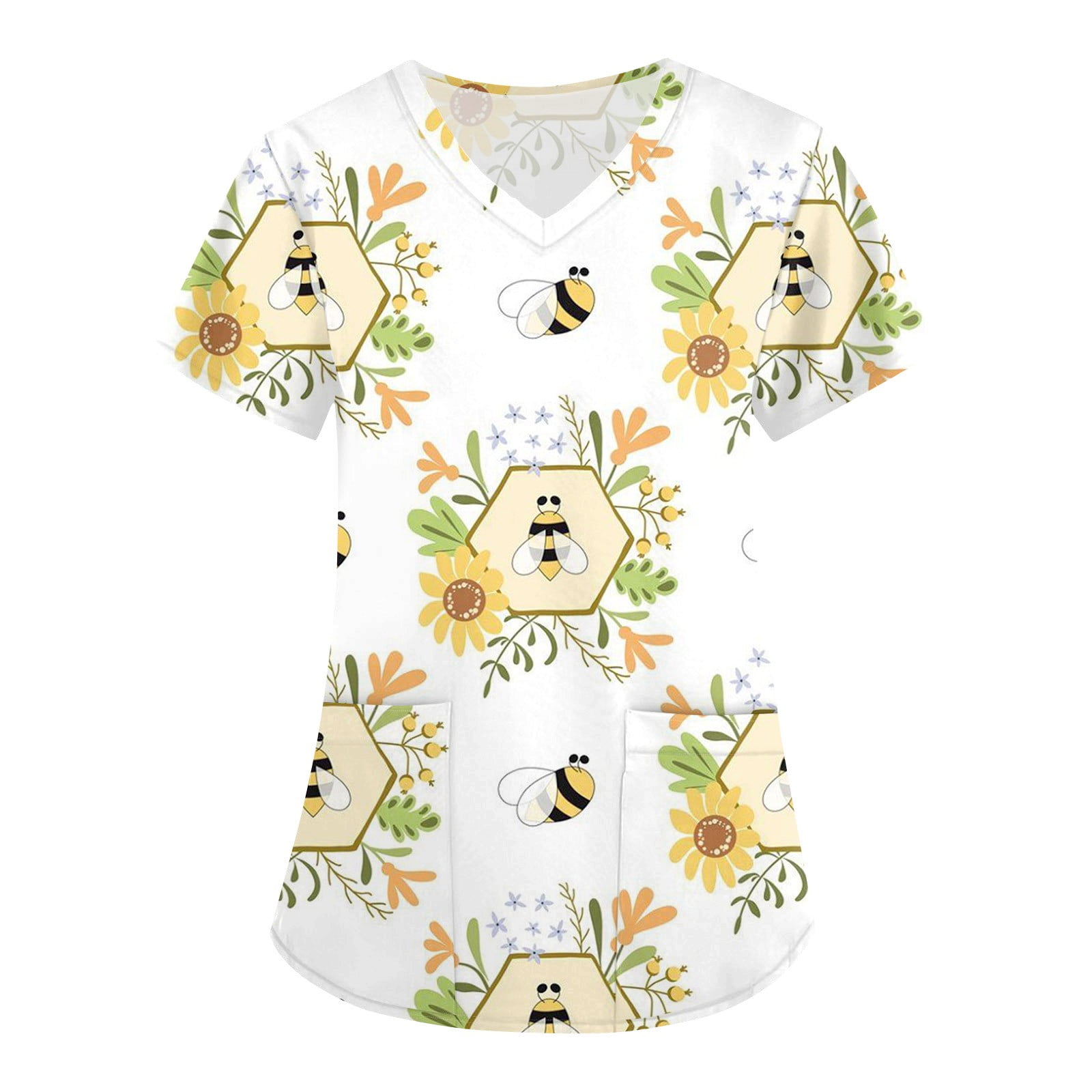 BDPORKAS Plus Size Scrubs for Women Stretch Cute Bee Graphic Print ...