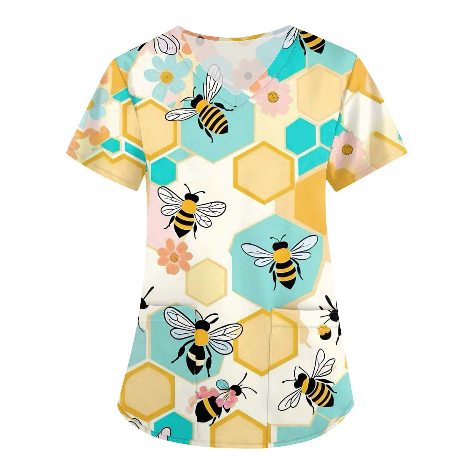 BDPORKAS Plus Size Scrubs for Women Stretch Cute Bee Graphic Print ...
