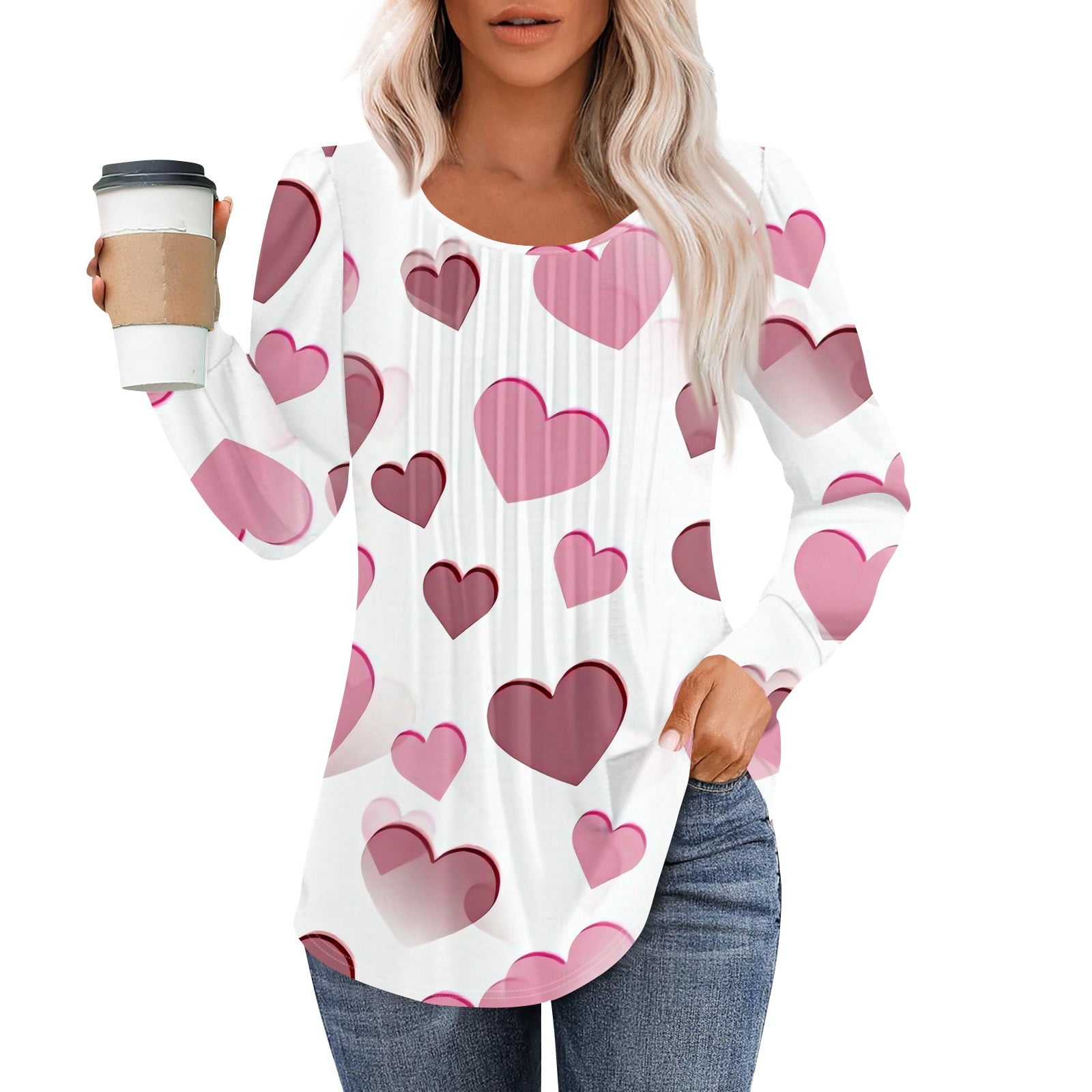 BDPORKAS Plus Size Valentines Day Tops for Women Long Sleeve Crew Neck Comfortable T Shirt Cute ...