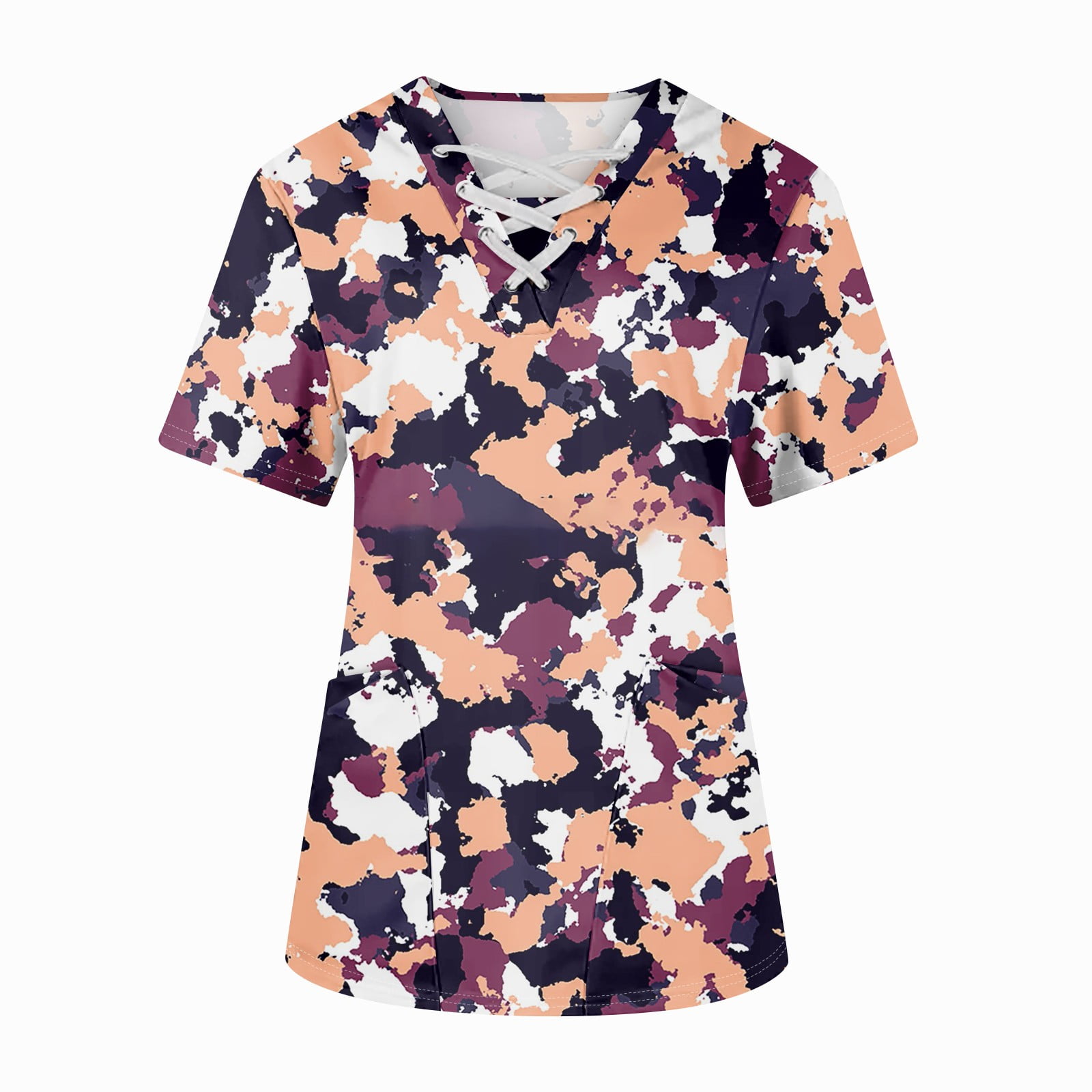 Bdporkas Print Scrub Tops Women Cool Breathable Fabric Working Nurse Uniforms Cross V Neck
