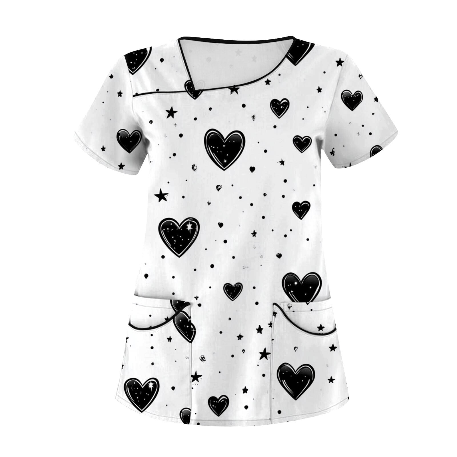 Bdporkas Scrubs Tops For Women Short Sleeve V Neck Love Heart Print Tops Nursing Working Uniform