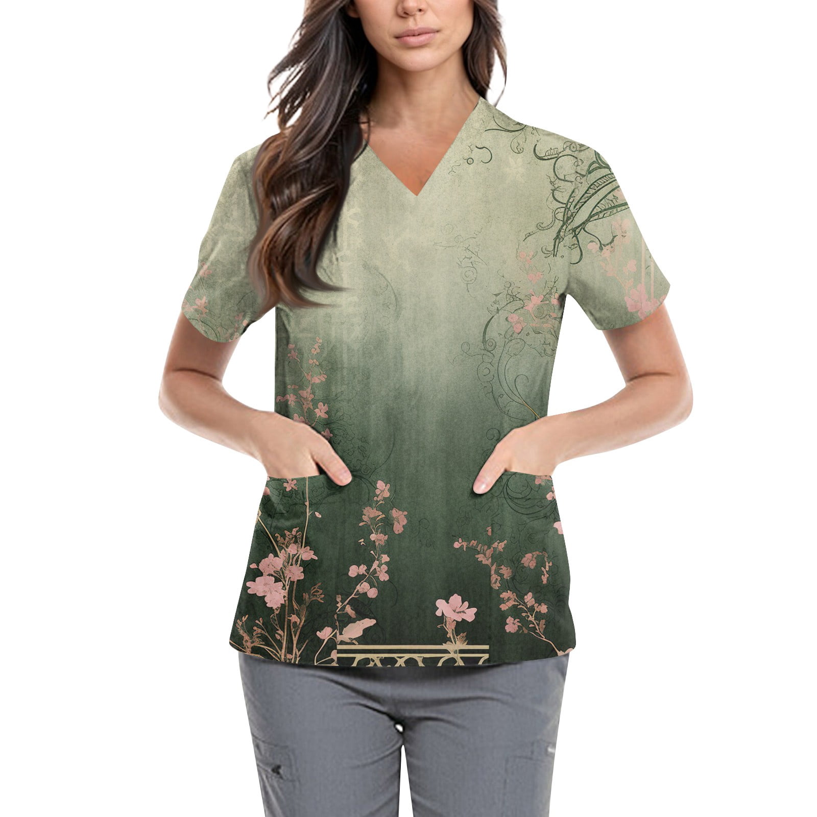 BDPORKAS Scrubs for Women Casual Nurse Scrub Top Stretchy V-Neck Short ...