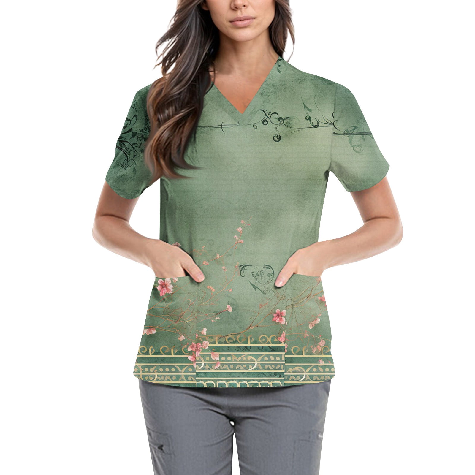 BDPORKAS Scrubs for Women Casual Nurse Scrub Top Stretchy V-Neck Short ...