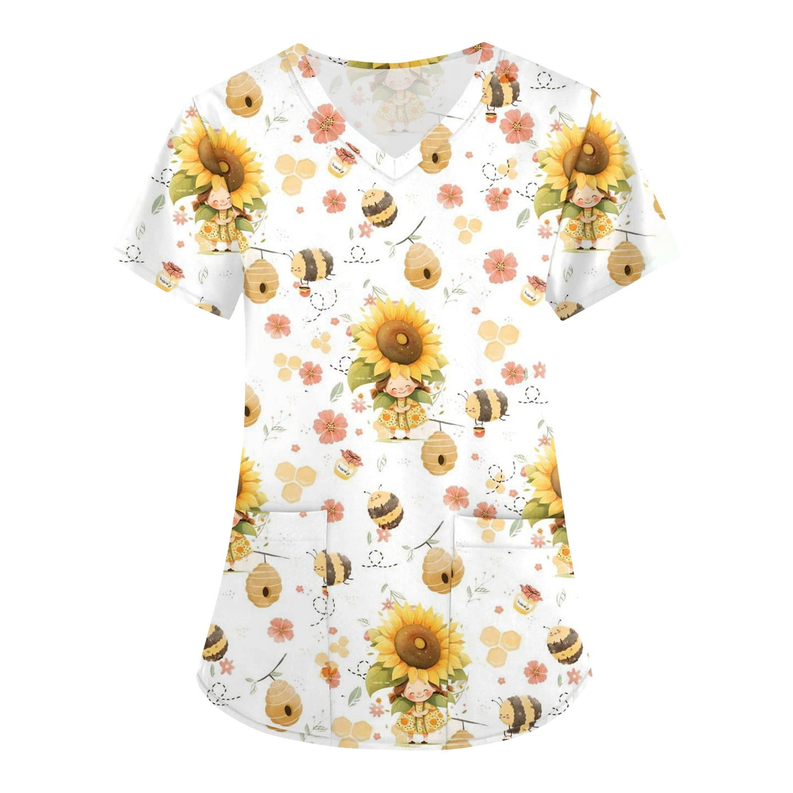 BDPORKAS Scrubs for Women Nurse Uniforms Stretch Short Sleeve with Pocket Nurse Scrubs Bee ...