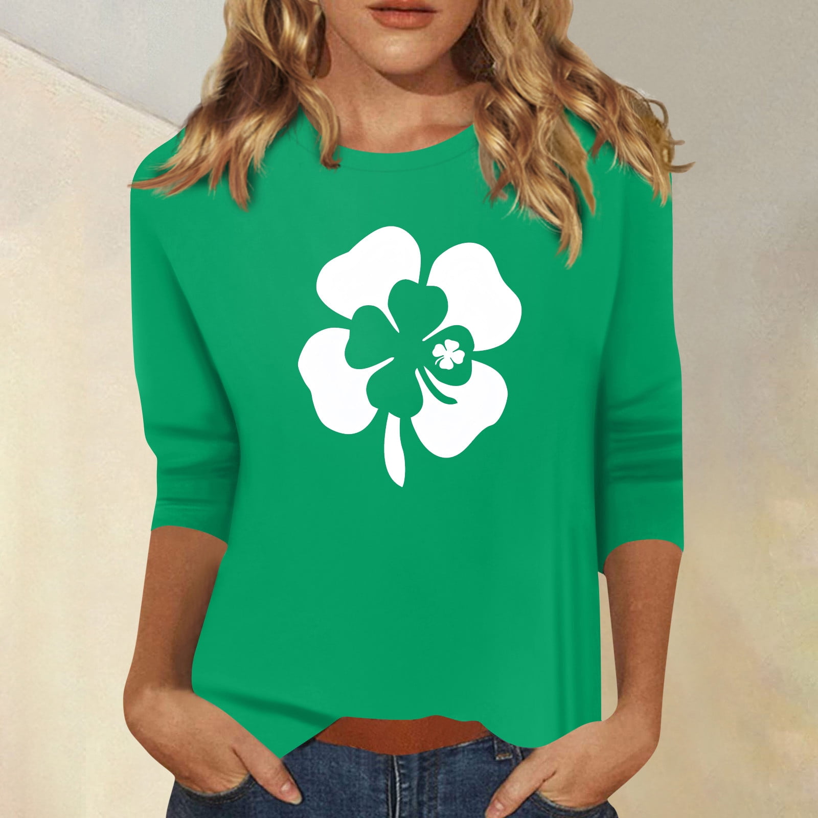 BDPORKAS St. Patricks Day Shirts for Women Funny Shamrock 3/4 Length Sleeve Womens Tops Green ...