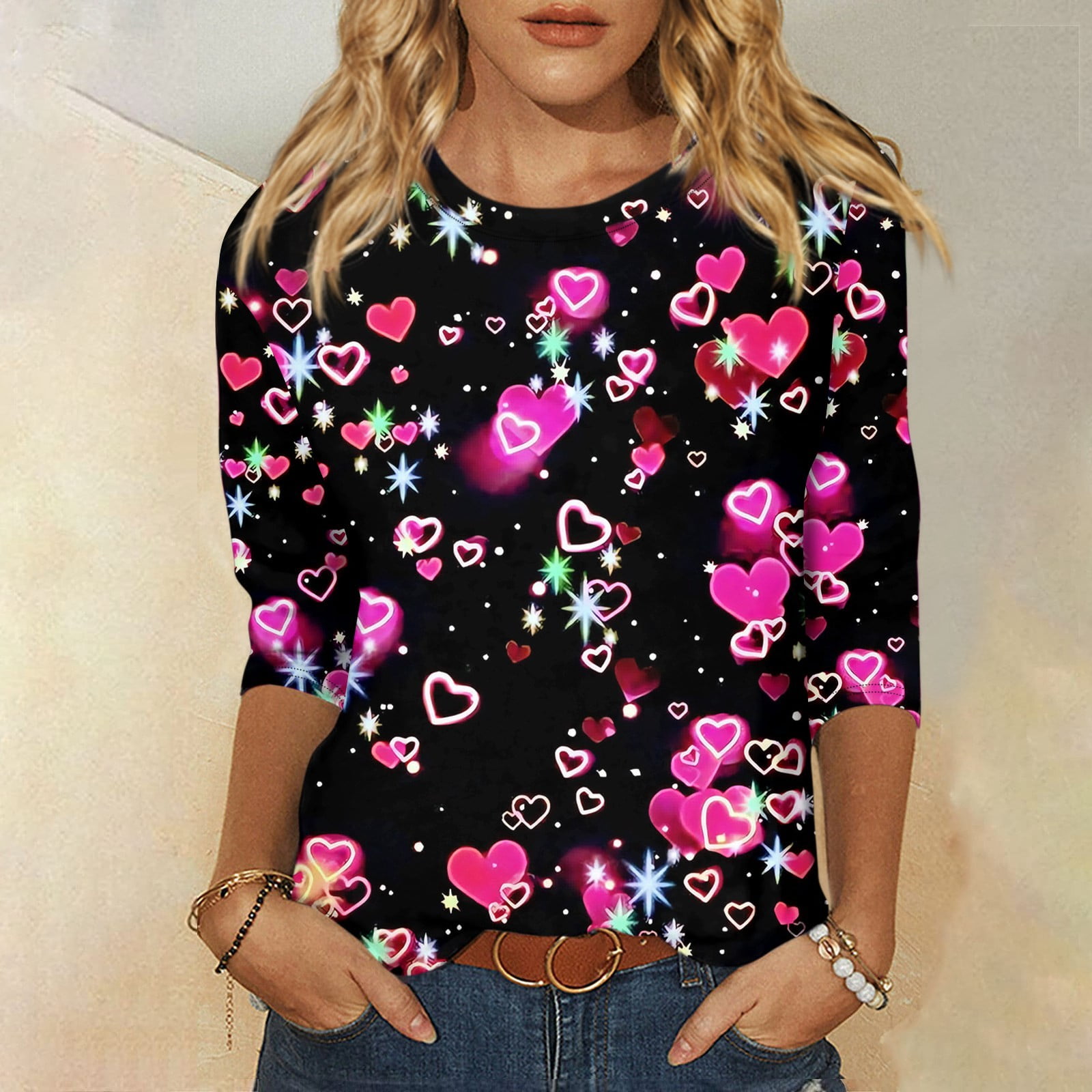 BDPORKAS Valentine Shirts for Women 3/4 Sleeve T-Shirt Crewneck Cute Heart Blouses Graphic Tee ...