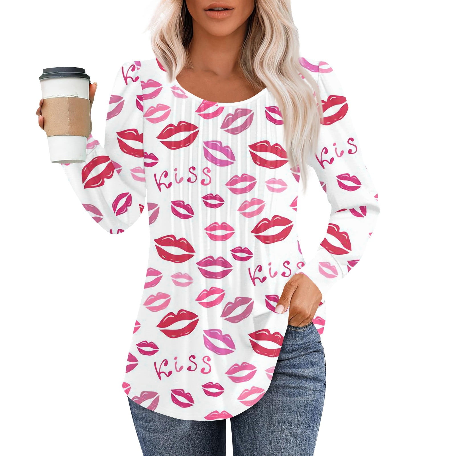 BDPORKAS Valentine Tops for Women Cute Graphic Crew Neck Shirt Comfort Loose Top Valentines ...